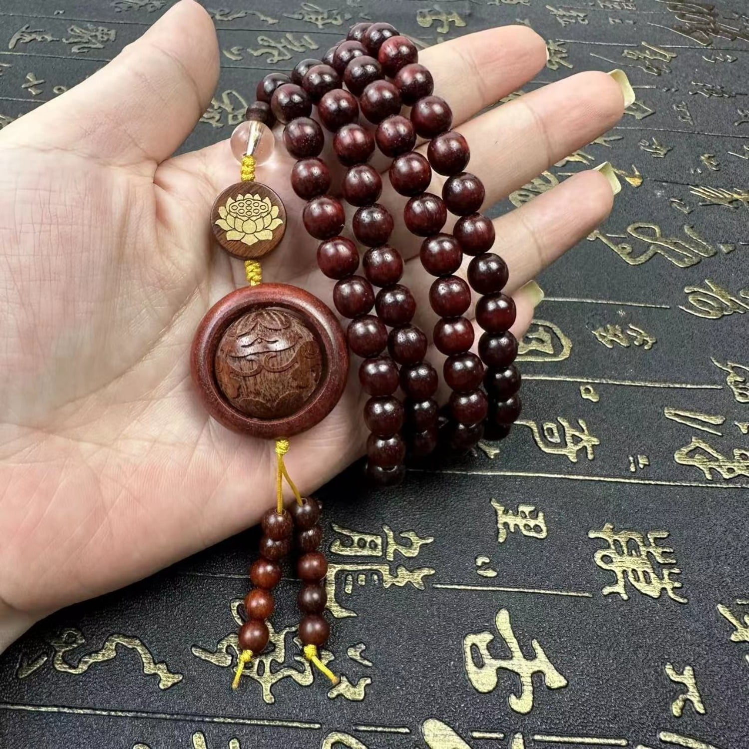 Rosewood 108 Beads Bracelet Buddhist Prayer Beads with Lotus Pixiu ...