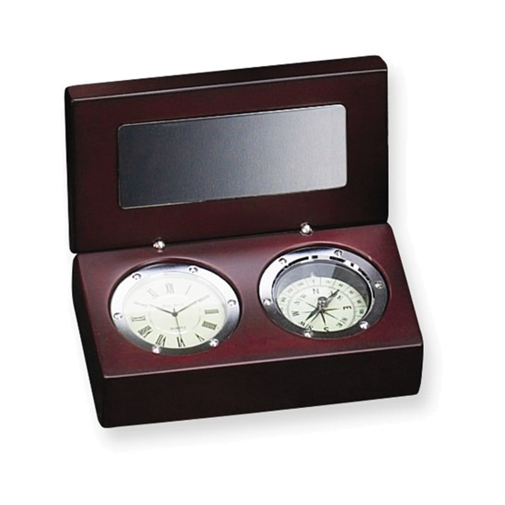 Rosewood Finish Wood Box with Compass and Clock and Engraving Plate ...