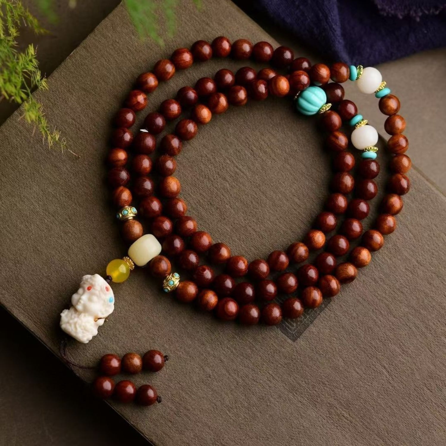Rosewood Necklace 8mm Beads with Bodhi Wheel Bead Tagua Nut Green Tara ...