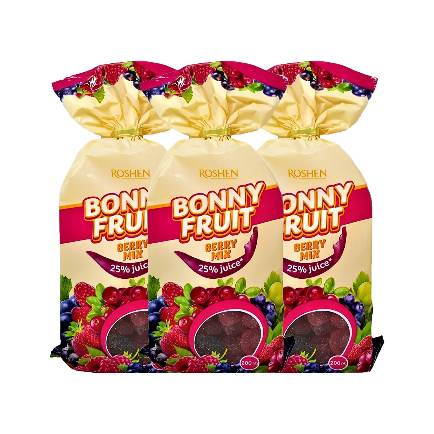 Roshen Bonny Fruit Berry Mix Gummy Candy, Made with 25% Fruit Juice, Kosher, Halal 200grams Pack ...