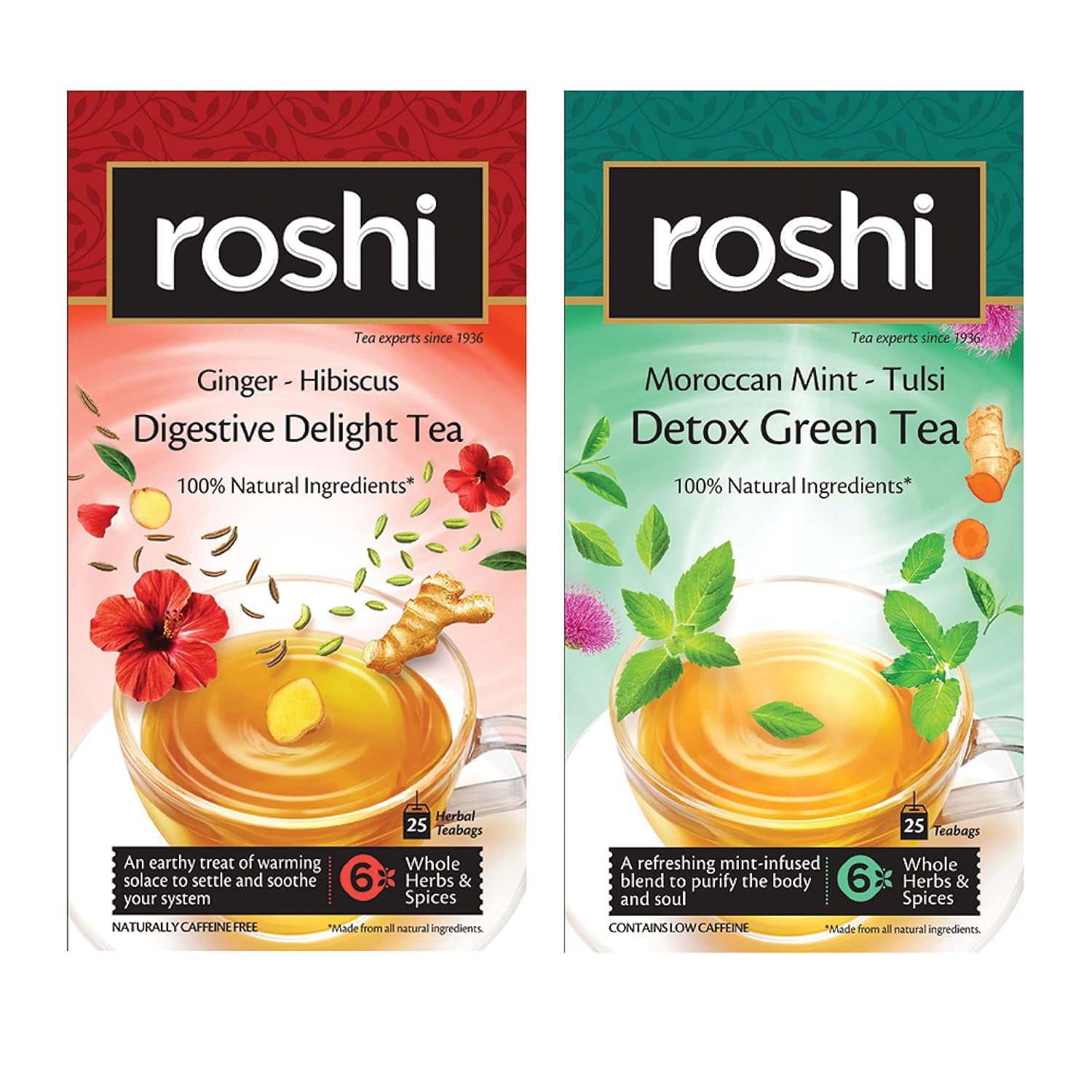 Roshi Ginger Hibiscus Digestive Delight Tea + Moroccan Mint Tulsi Detox ...