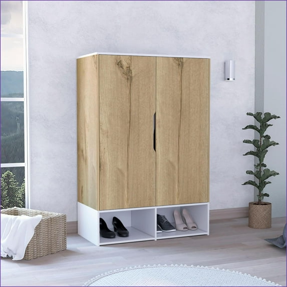 Rosie Modern Armoire Closet with Hanging Rod & Shelves - Light Oak/Off ...