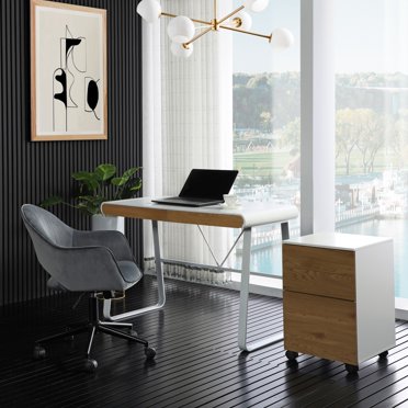 Jazlynn Rectangular MDF Desk with 1 Drawer and Shelves, Natural/White ...