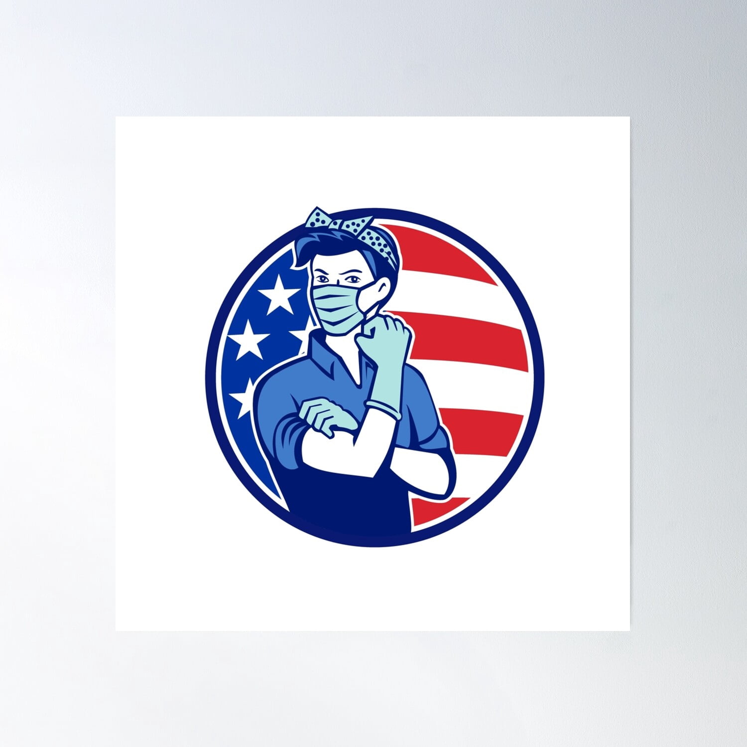 Rosie The Riveter Wearing Mask Usa Flag Mascot Poster Wall Art, Modern ...