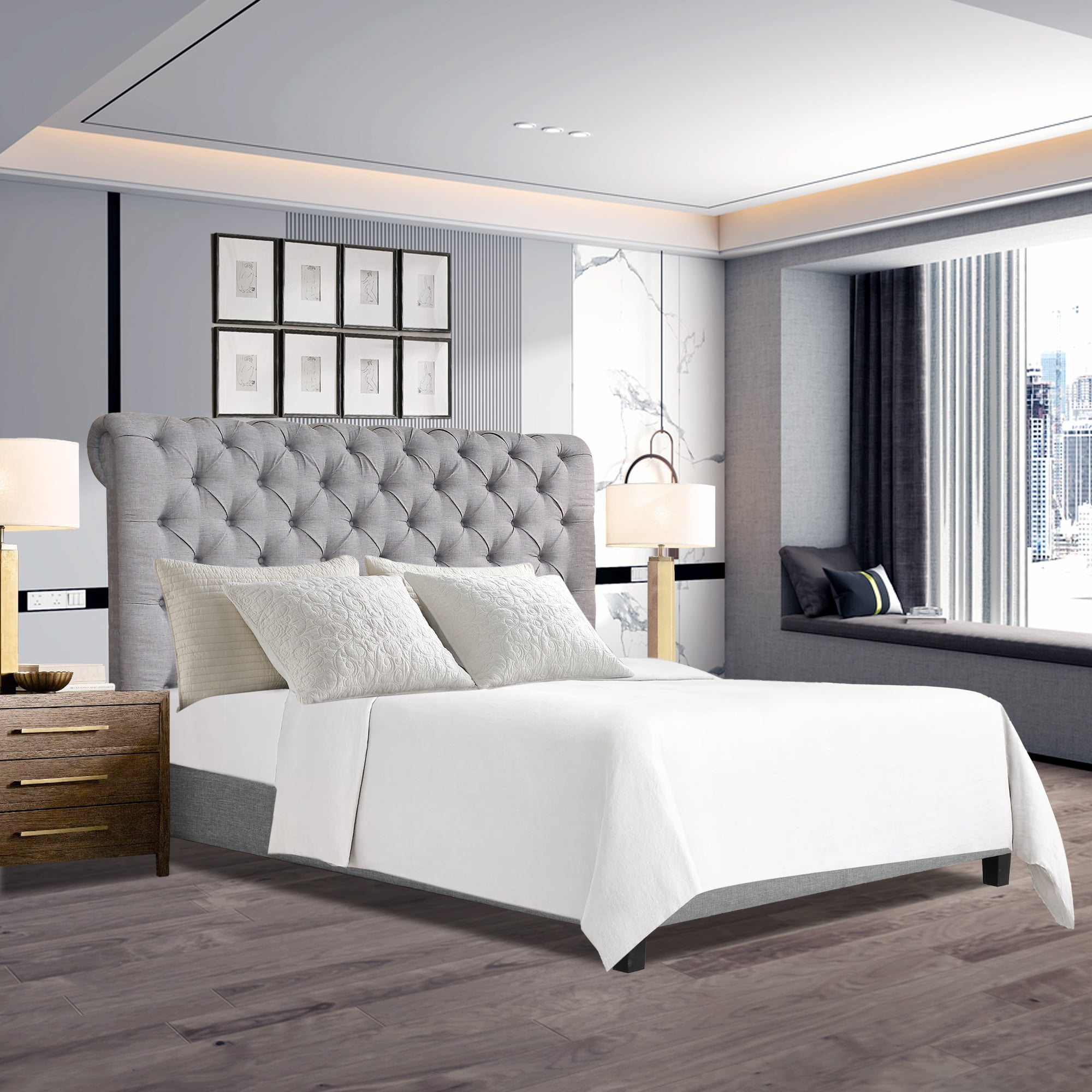 Rosina Roll Head Bed Frame, Fabric Upholstered Chesterfield-Styled Bed ...