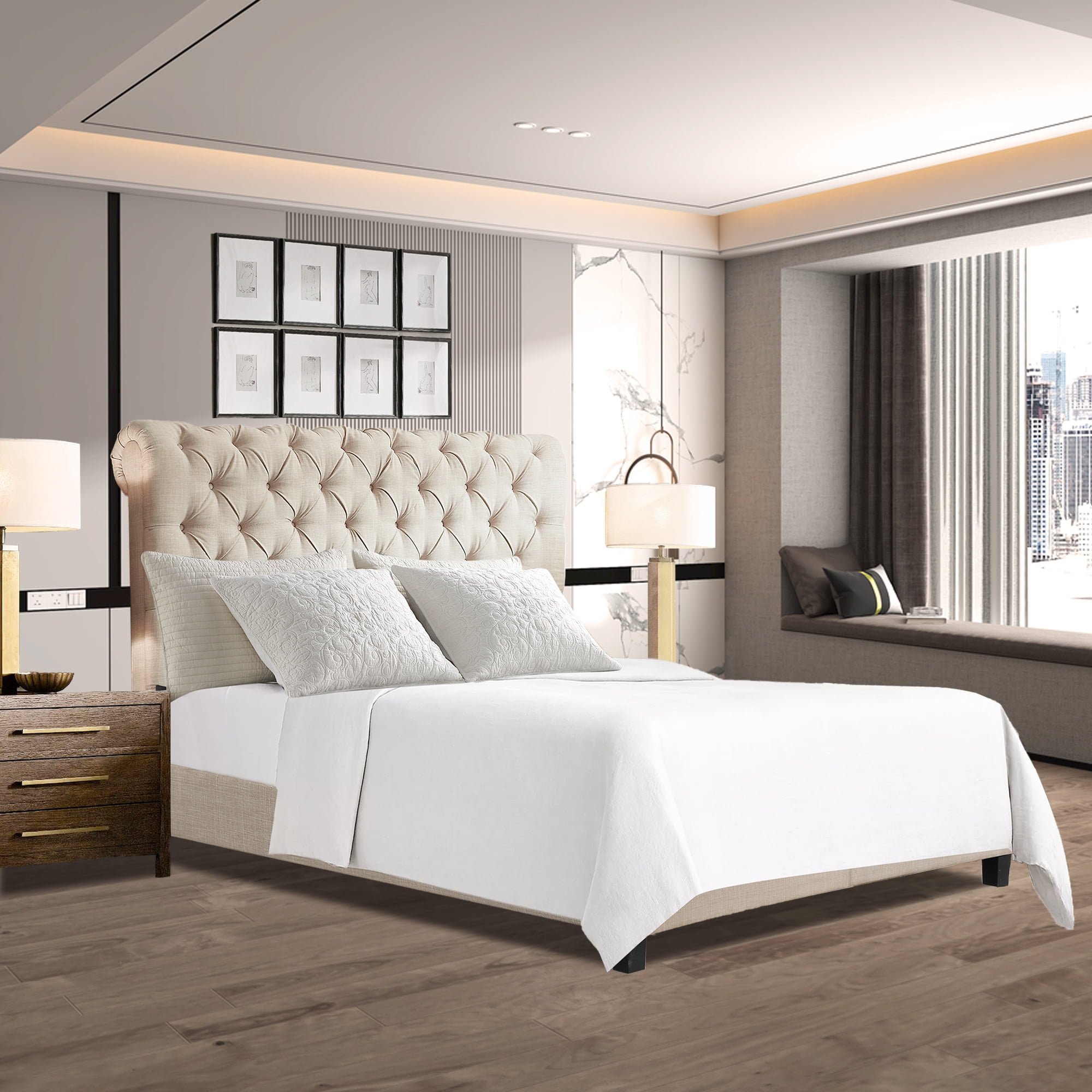 Rosina Roll Head Bed Frame, Fabric Upholstered Chesterfield-Styled Bed ...