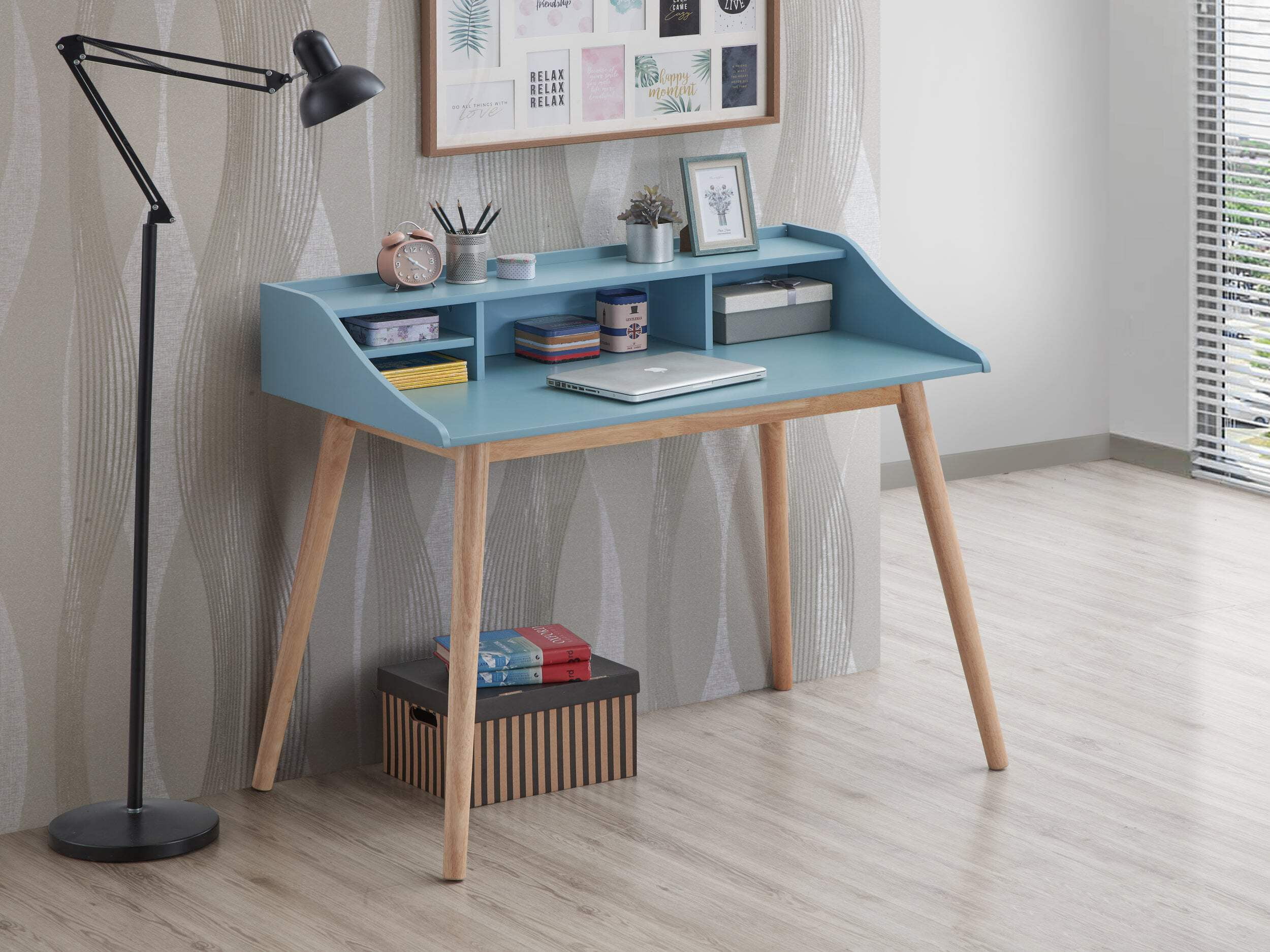Roskilde Mid Century Modern Wood Writing Desk With Hutch, Blue Blue ...