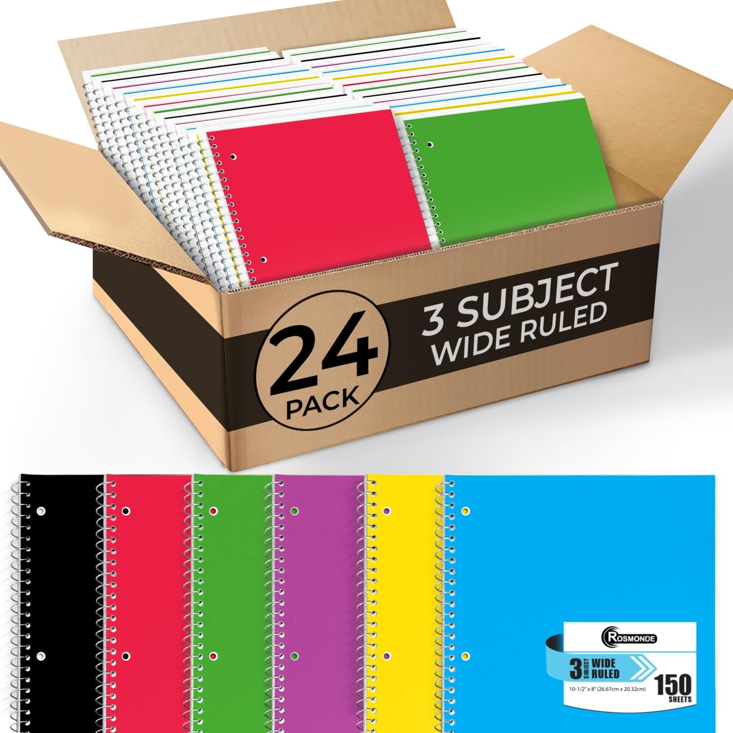 Rosmonde 24 Pack Spiral Notebook, 3 Subject, Wide Ruled, 300 Pages/Book ...