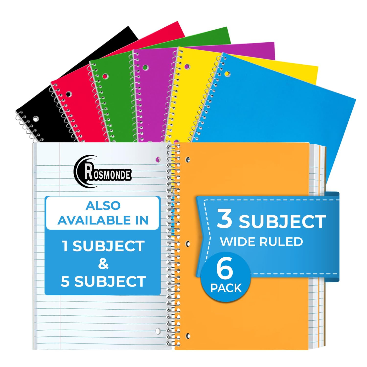Rosmonde 3 Subject Notebook Wide Ruled, 6 Pack, Long Lasting, Extra ...