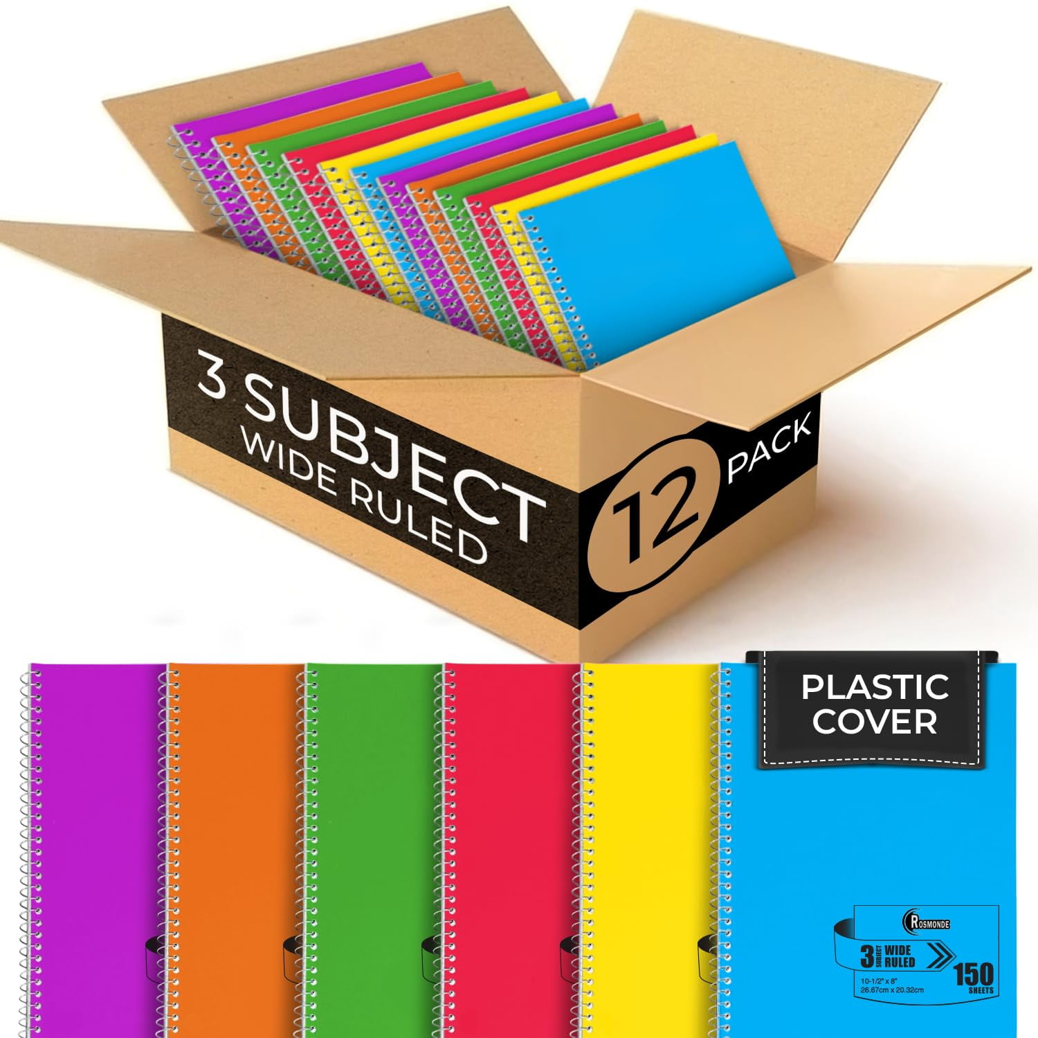 Rosmonde 3 Subject Spiral Notebook, 12 Pack, Wide Ruled, Water ...