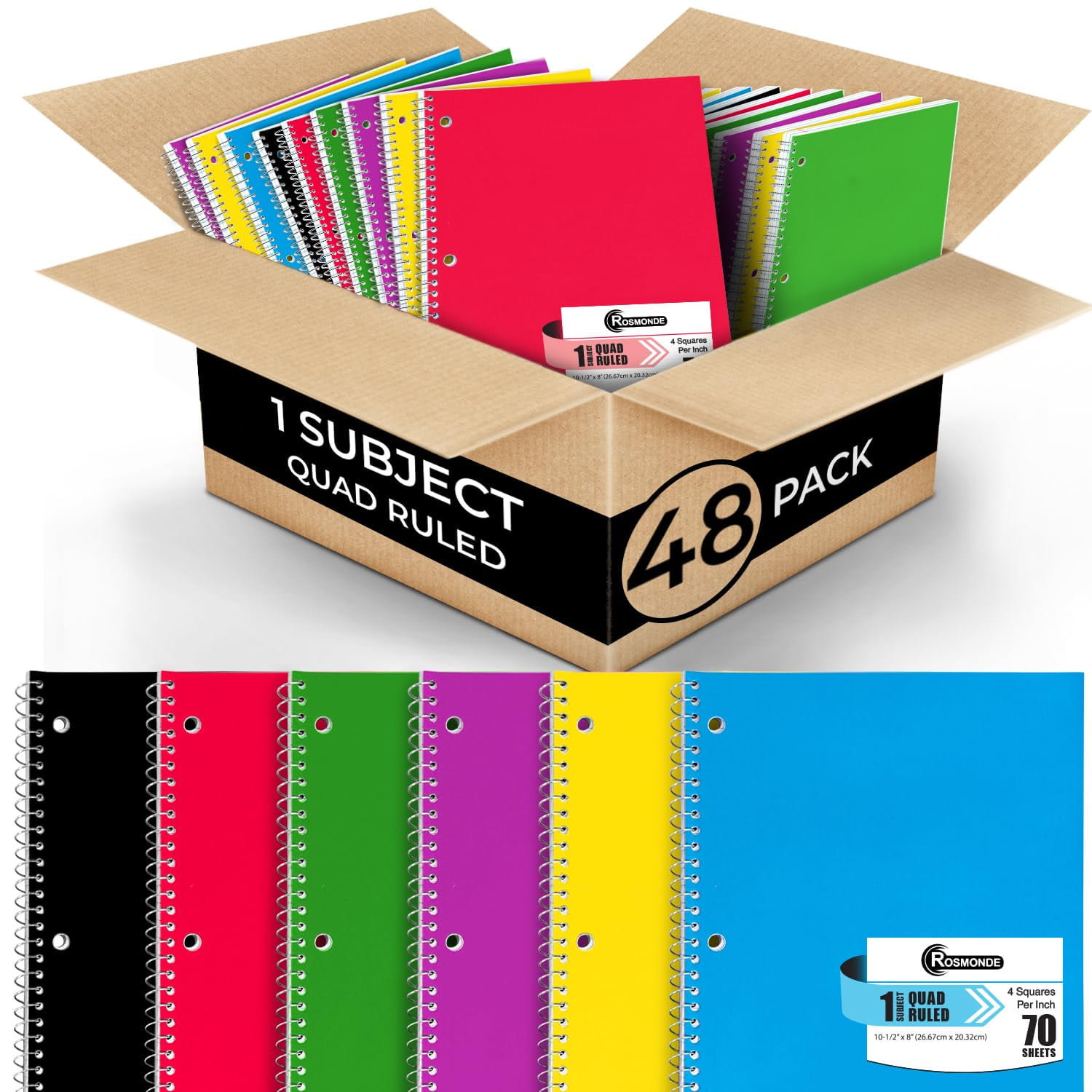 Rosmonde Spiral Notebook, Quad Ruled Graph Paper, 48 Pack, 140 Pages, 8 ...