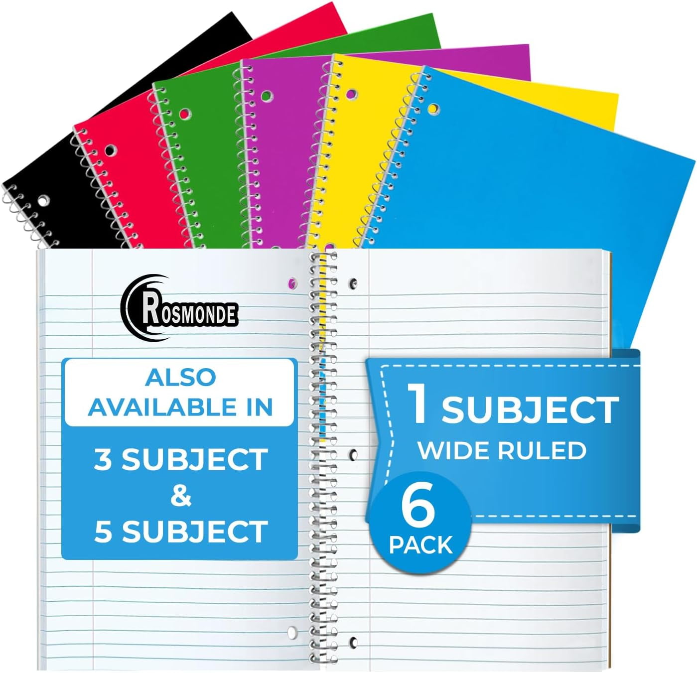 Rosmonde Spiral Notebooks, 6 Pack, 1 Subject Notebook, Wide Ruled, 70 ...