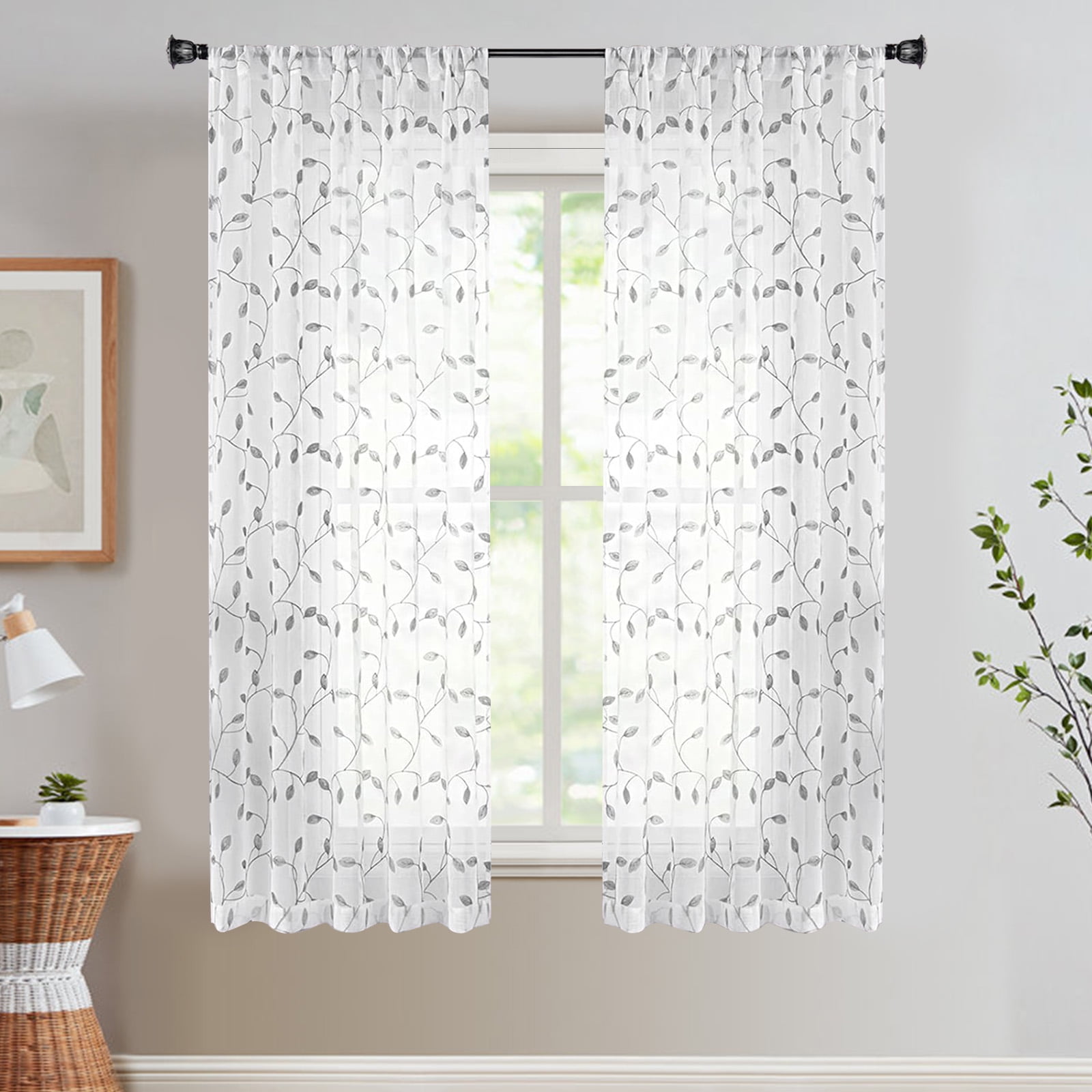Rosnek 2 Panels Embroidered Sheer Curtains 57 Inches Long, Semi-Sheer ...