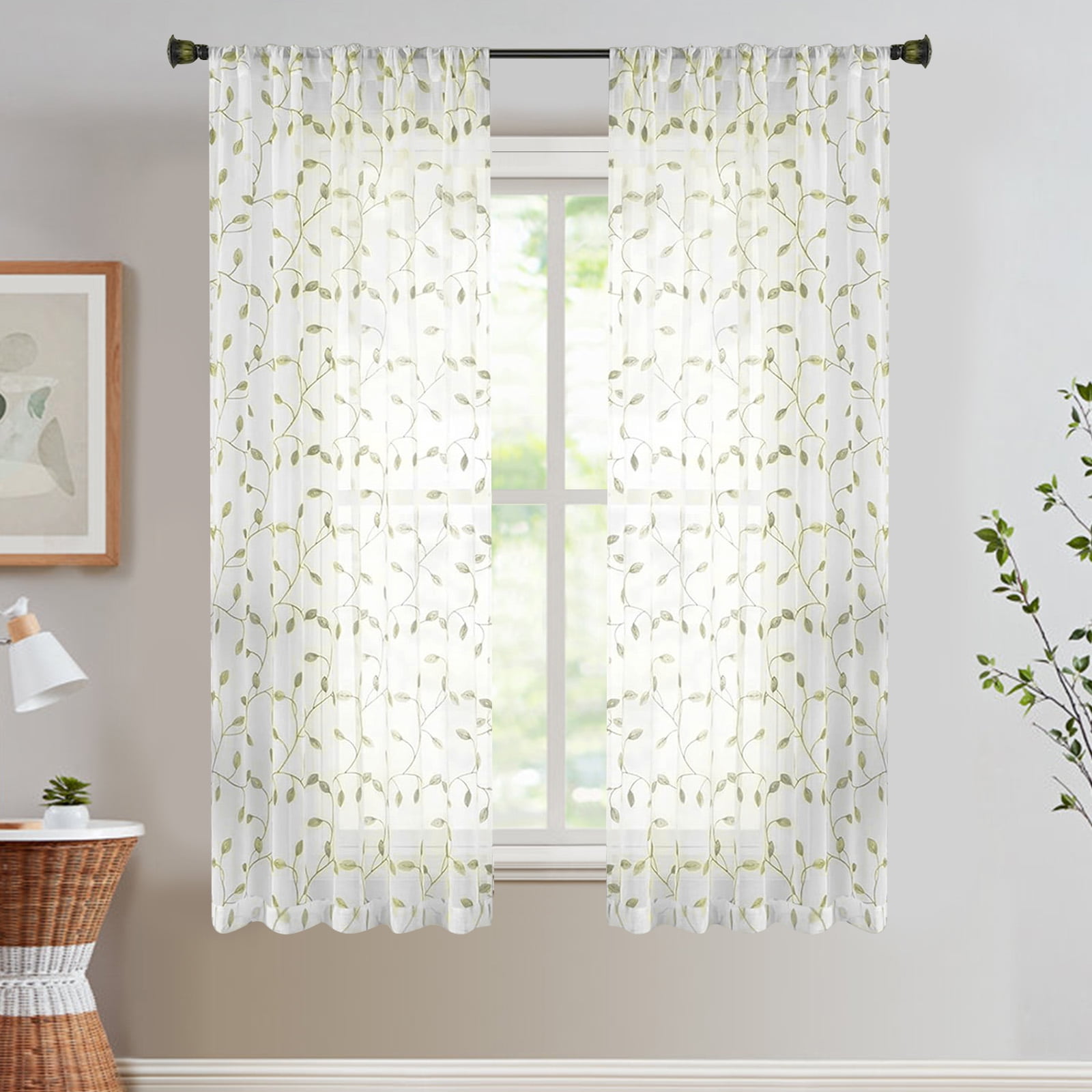 Rosnek 2 Panels Embroidered Sheer Curtains 57 Inches Long, Semi-Sheer ...
