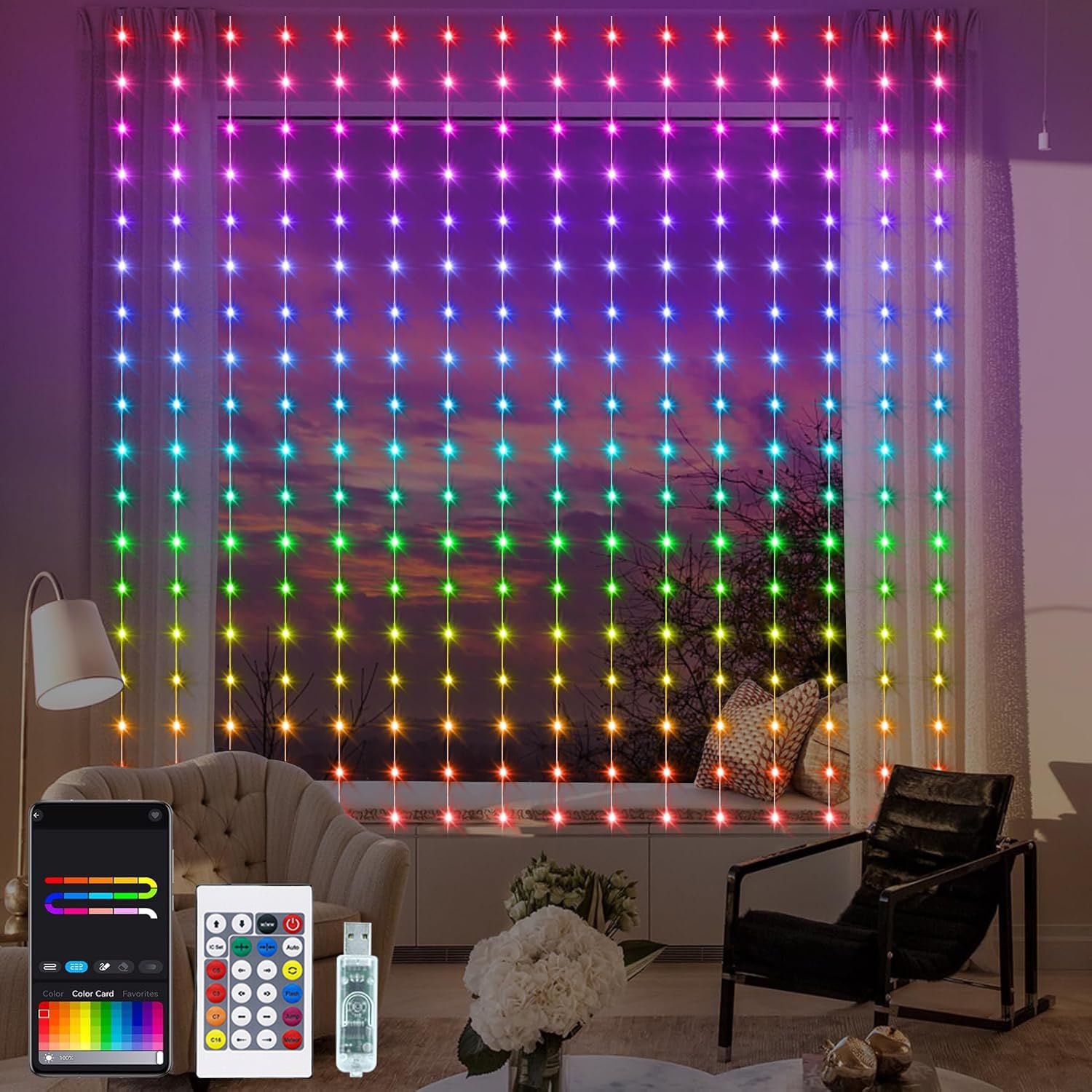 Rosnek 300LED RGB Colors Changing Curtain Lights with Remote & APP Control, Smart Curtain ...