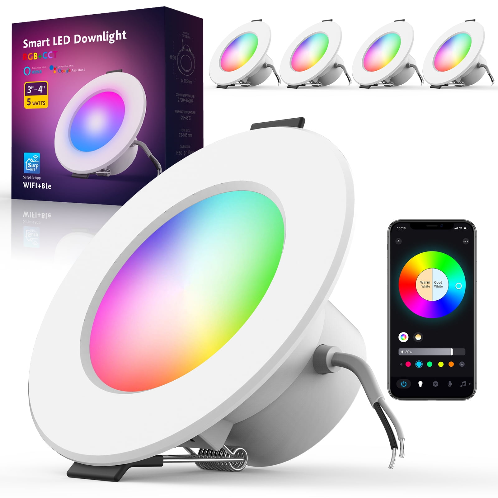 Rosnek 4.5inch Smart WiFi LED Recessed Lights, RGBCW Color Changing ...