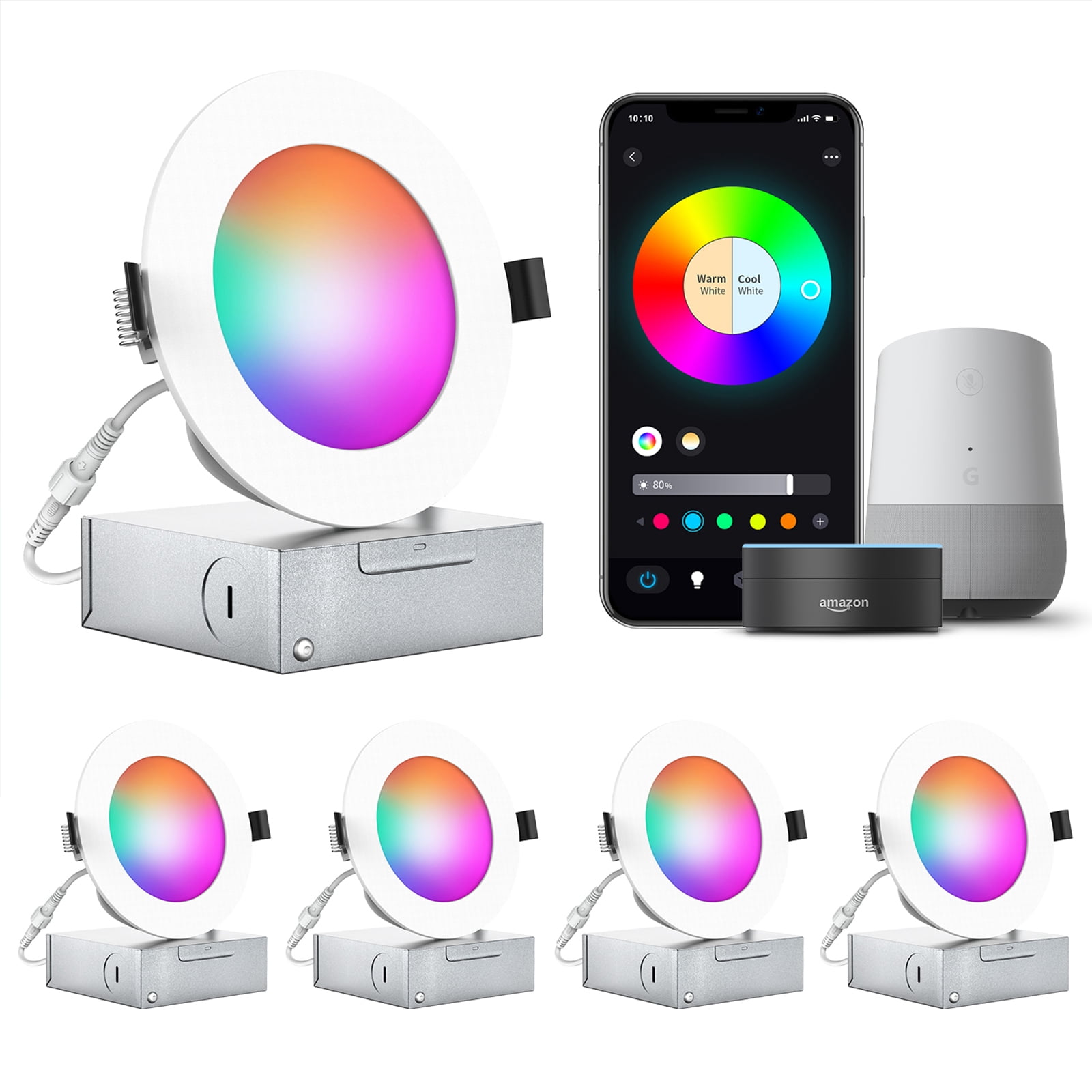 Rosnek 4PACK Smart Recessed Lighting 4 Inch, 9W RGBCW WiFi LED Retrofit ...