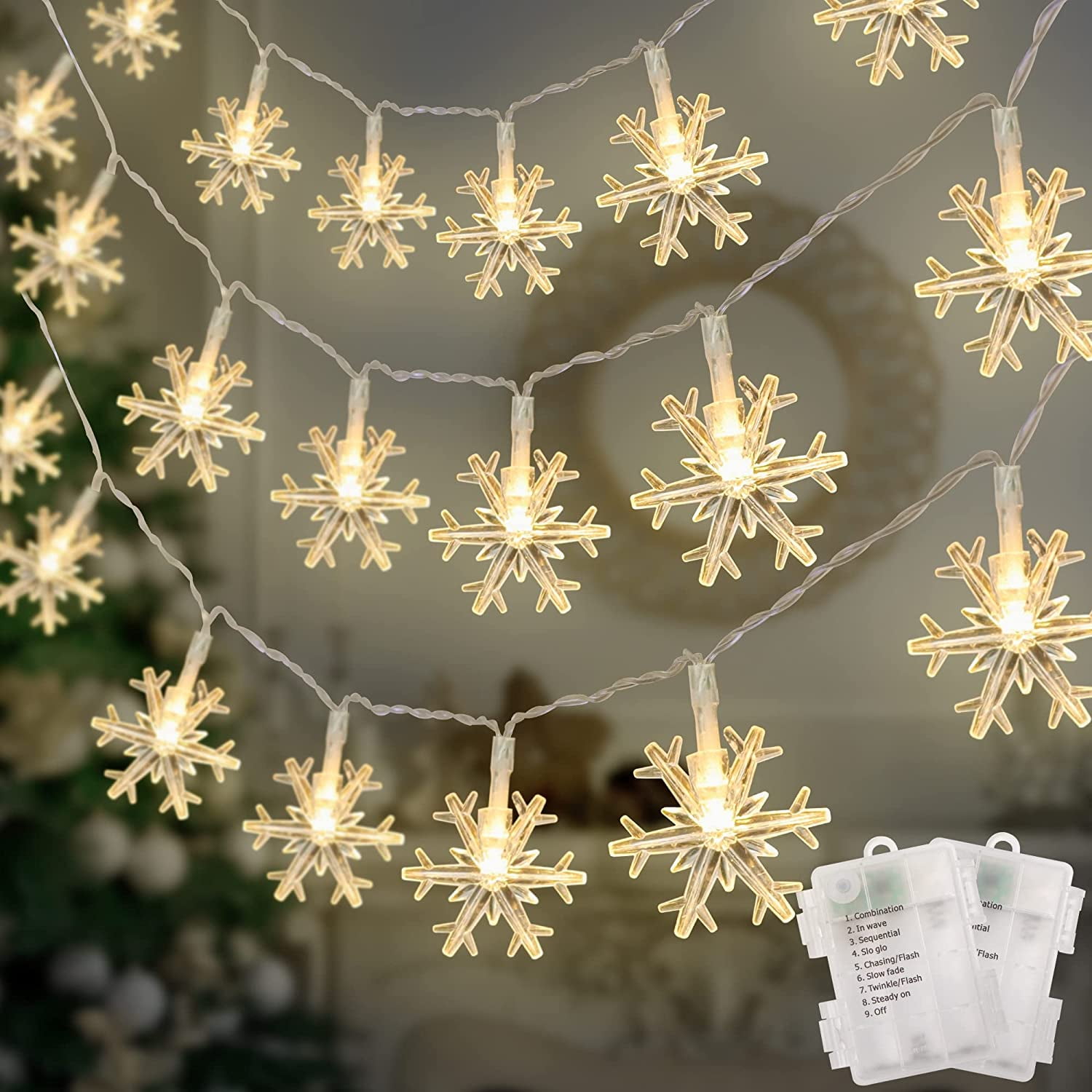 Rosnek Christmas Snowflake String Lights, Battery Operated LED Fairy ...