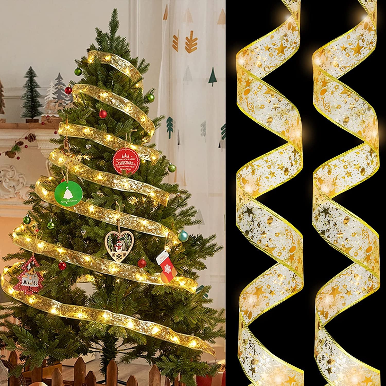 Rosnek Christmas Tree LED Ribbon Lights, 16.4FT 50LEDs Battery Operated ...