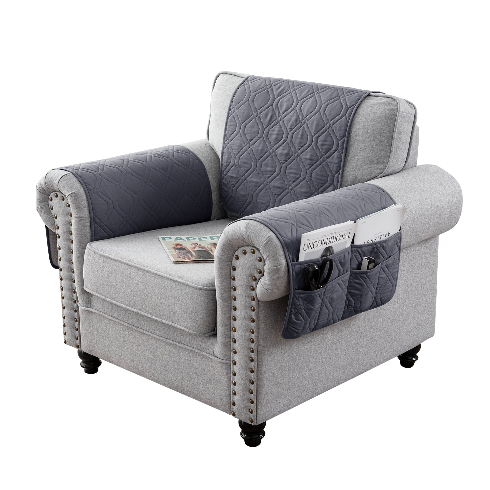 Rosnek Couch Armrest Covers with Side Pocket Waterproof Quilted Sofa ...