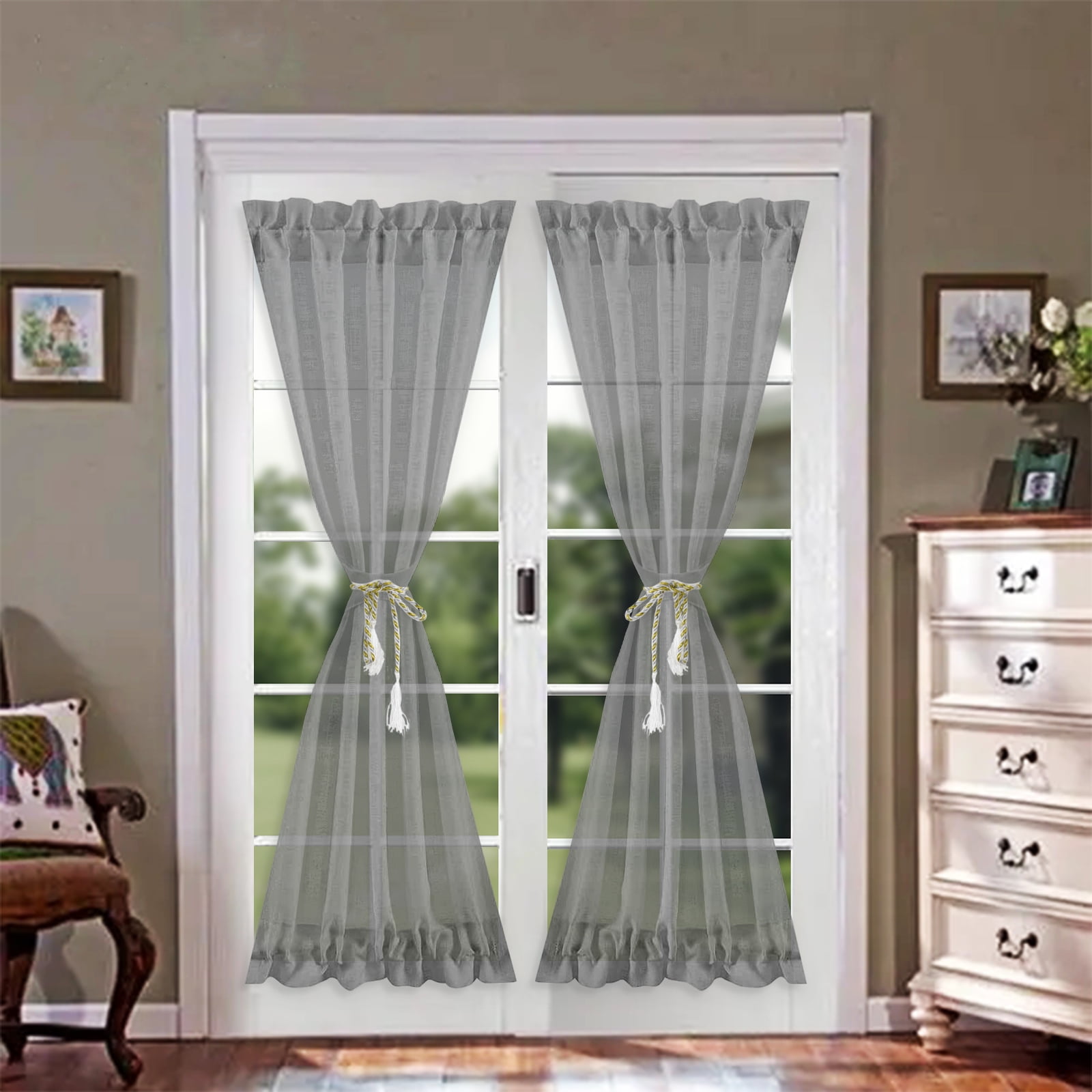 Rosnek French Door Curtain 2 Panels Rod Pocket Semi Sheer Voile for Front Door Glass Door Window ...