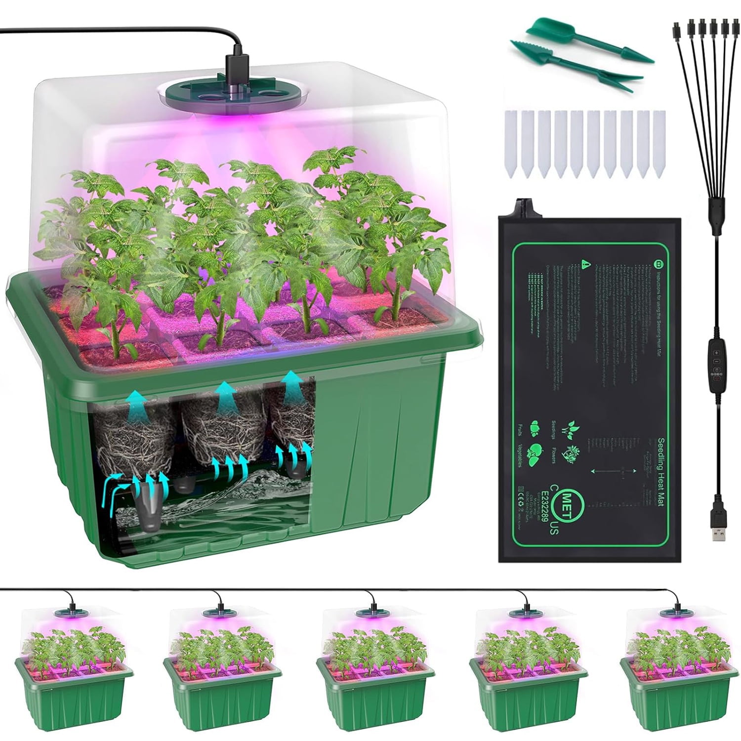 Rosnek Seed Starter Trays with Grow Lights & Heat Mat, Full Spectrum ...