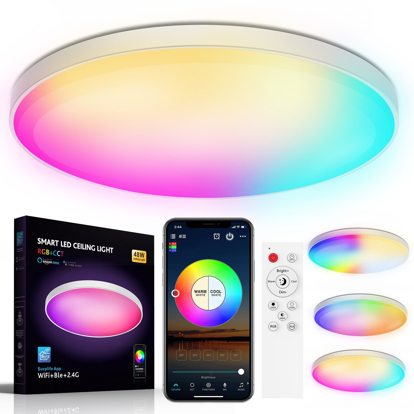 Rosnek 48W Wireless LED Bluetooth Smart RGB Ceiling Light with Remote ...