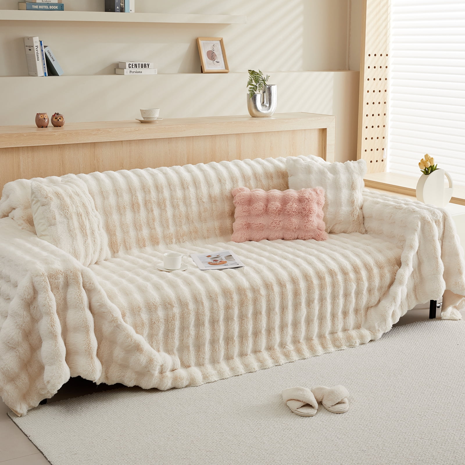 Rosnek Soft Fluffy Faux Fur Throw Blanket for Couch, Thick Warm Bubble ...