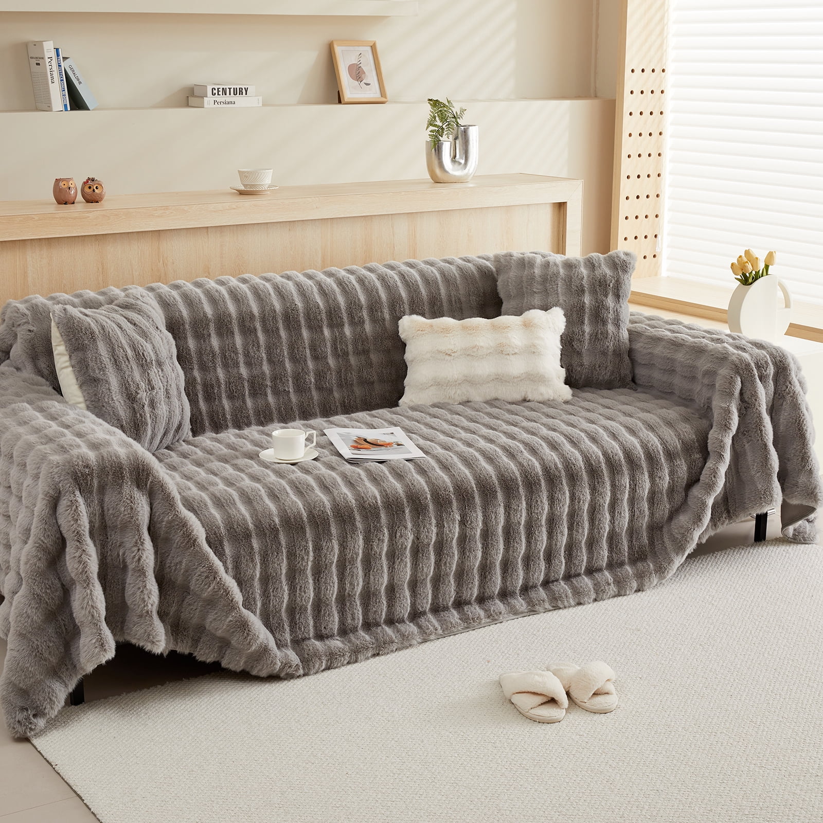 Rosnek Soft Fluffy Faux Fur Throw Blanket for Couch, Thick Warm Bubble ...