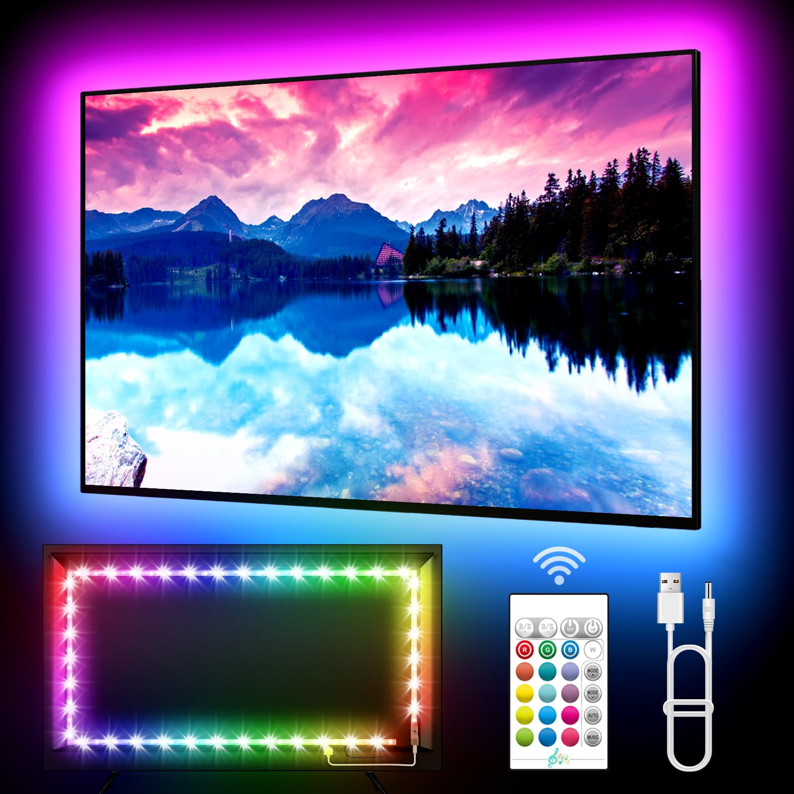 Rosnek TV LED Backlight, 16.4Ft RGB LED Strip Lights for TV with Remote Music Sync Bluetooth APP ...