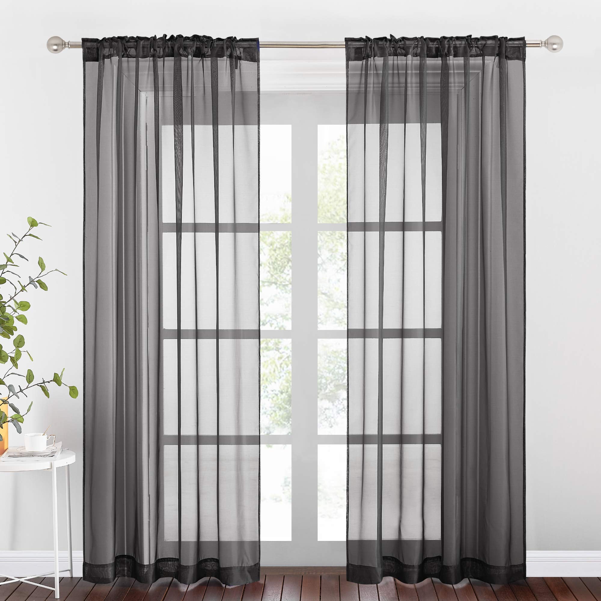 Rosnek Voile Sheer Rod Pocket Window Curtains, Single Panel in Black ...