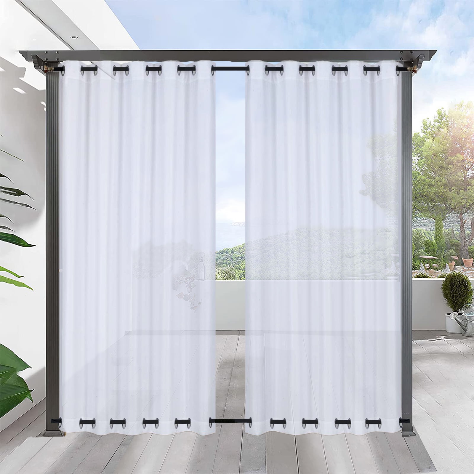 Rosnek Extra Wide White Grommet Top and Bottom Sheer Outdoor Curtains ...