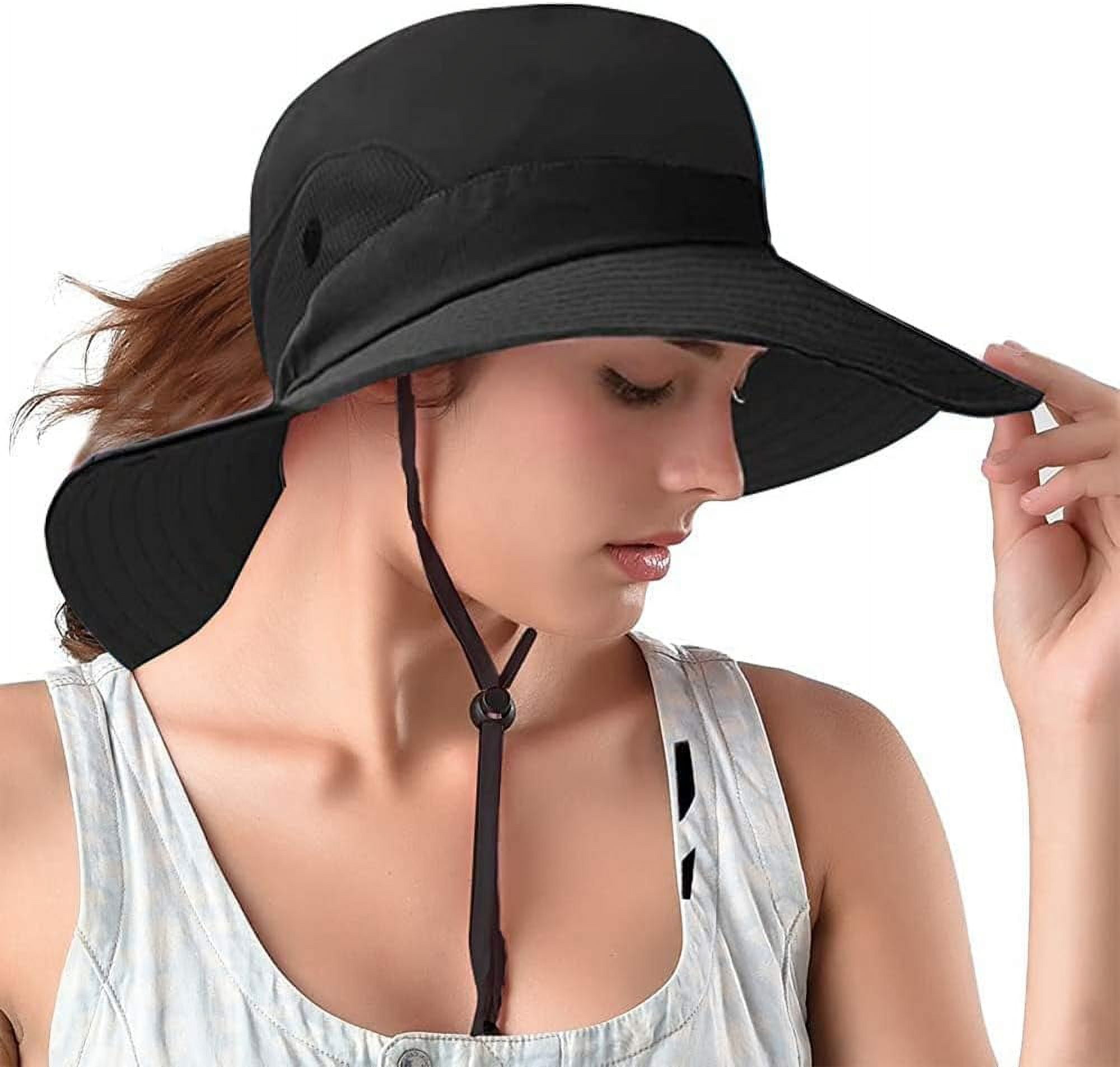 Rosoz Ponytail Sun Bucket Hats for Women UV Protection Foldable Mesh Wide Brim Hiking Beach ...