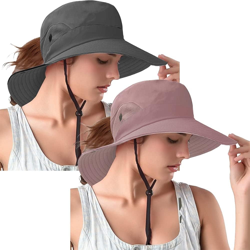 Rosoz Ponytail Sun Bucket Hats for Women UV Protection Foldable Mesh Wide Brim Hiking Beach ...