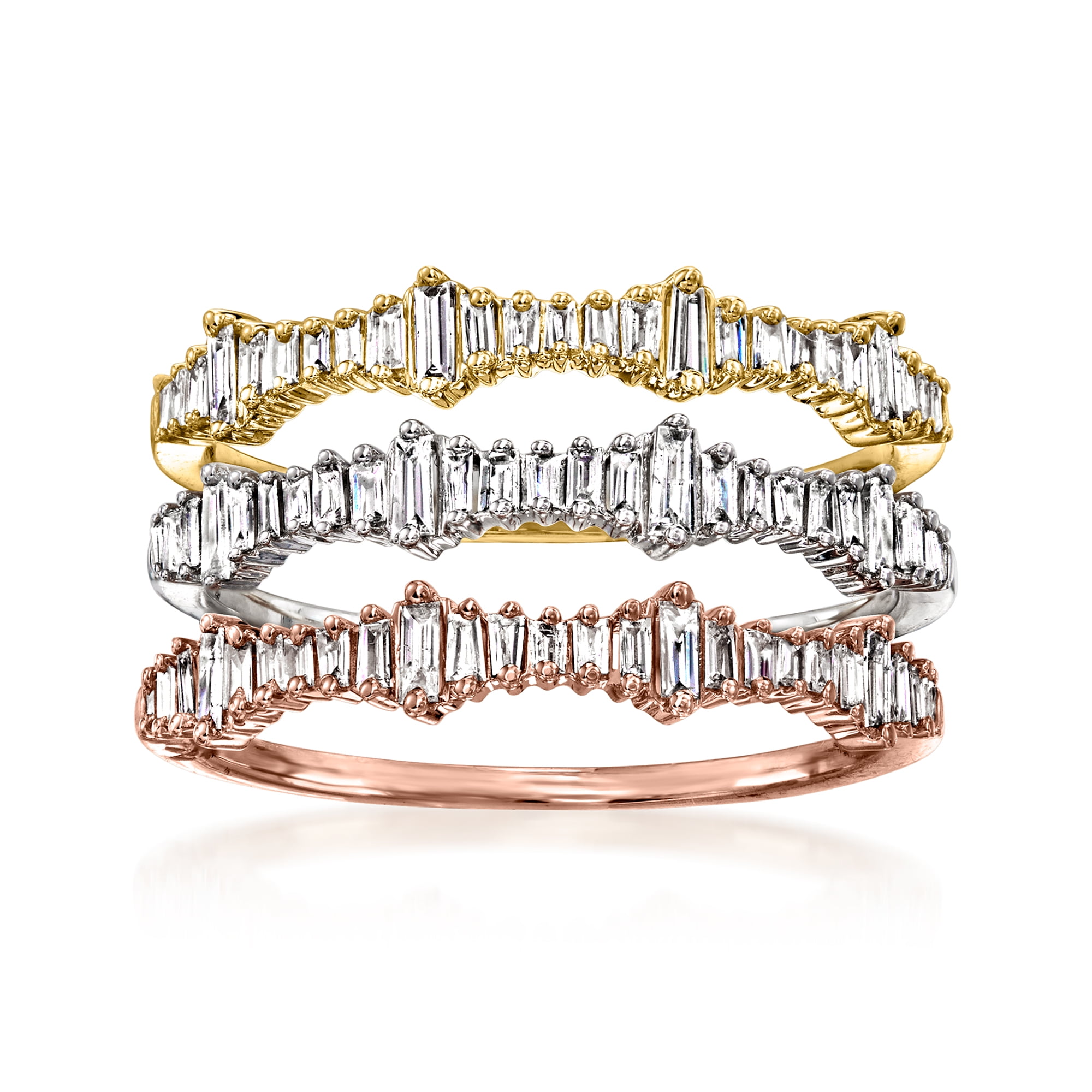 Ross-Simons 0.20 ct. t.w. Baguette Diamond Ring Set Of 3 in 14kt Tri ...