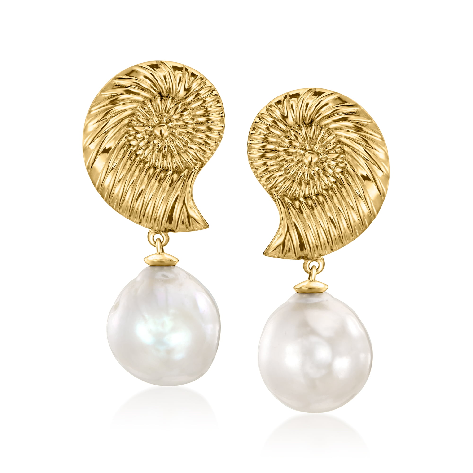 Ross-Simons 10-10.5mm Cultured Pearl Seashell Drop Earrings in 18kt Gold Over Sterling, Women's ...