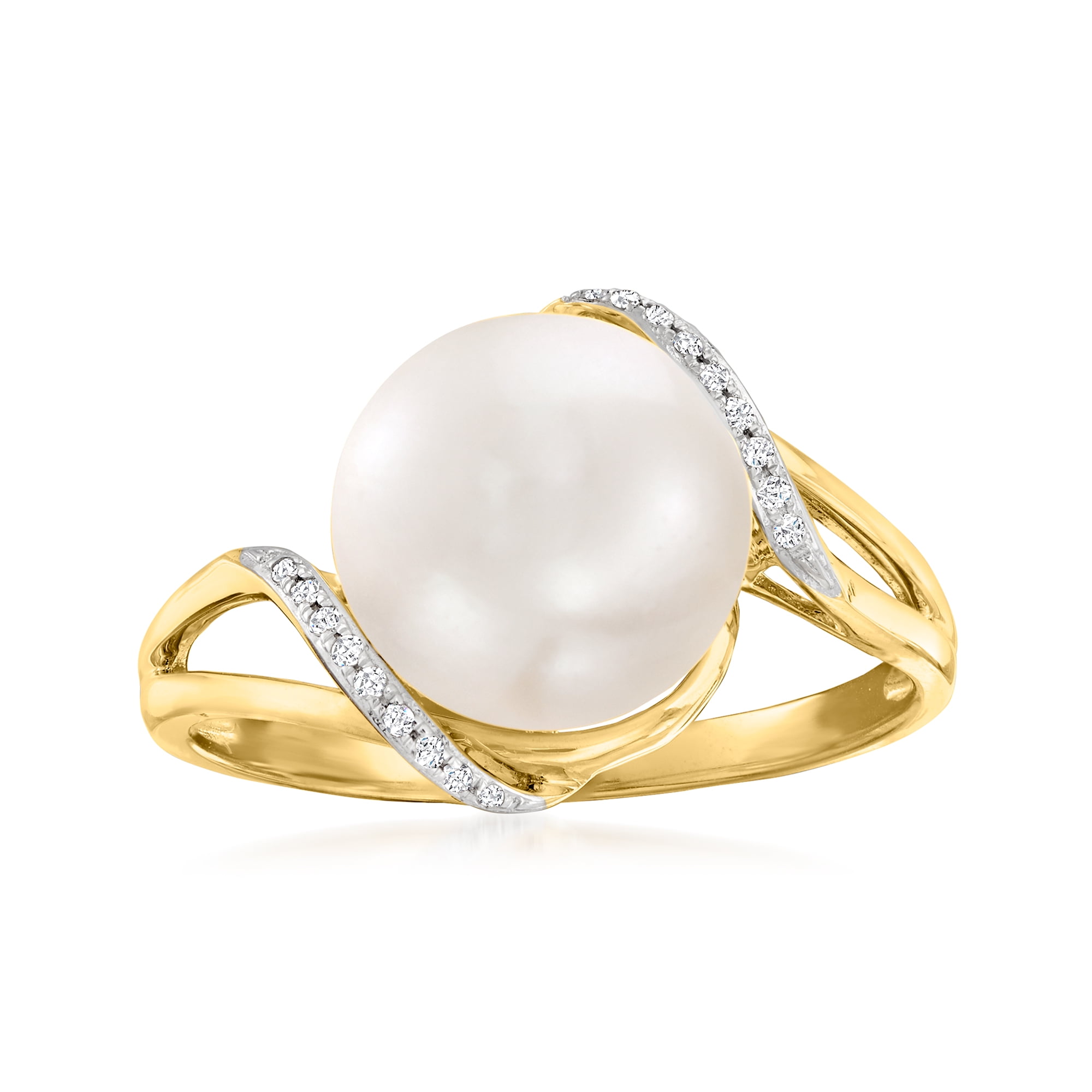 Ross-Simons 10-10.5mm Cultured Pearl Wave Ring With Diamond Accents in 14kt Yellow Gold, Women's ...