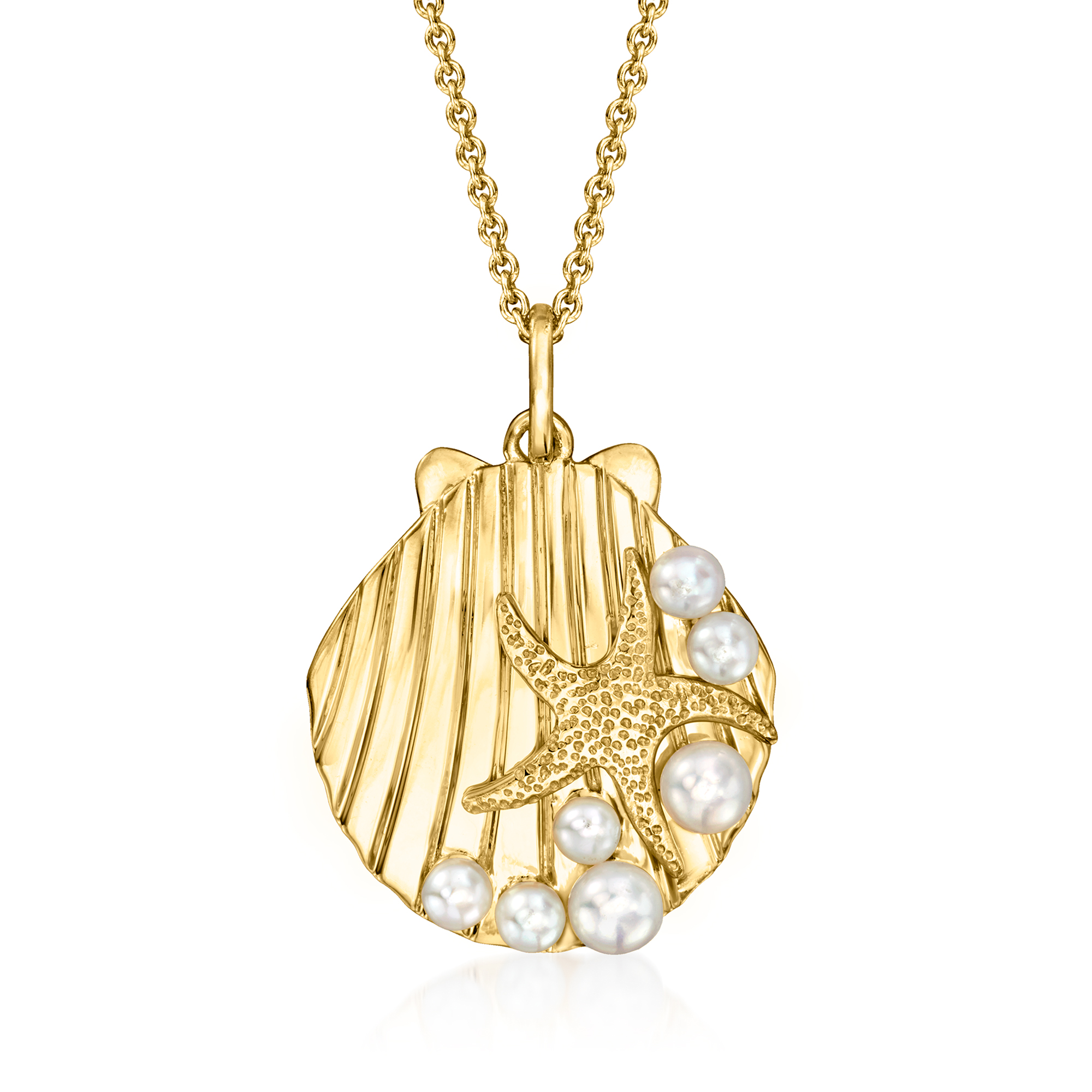 Ross-Simons 3-4mm Cultured Pearl Seashell Pendant Necklace in 18kt Gold ...