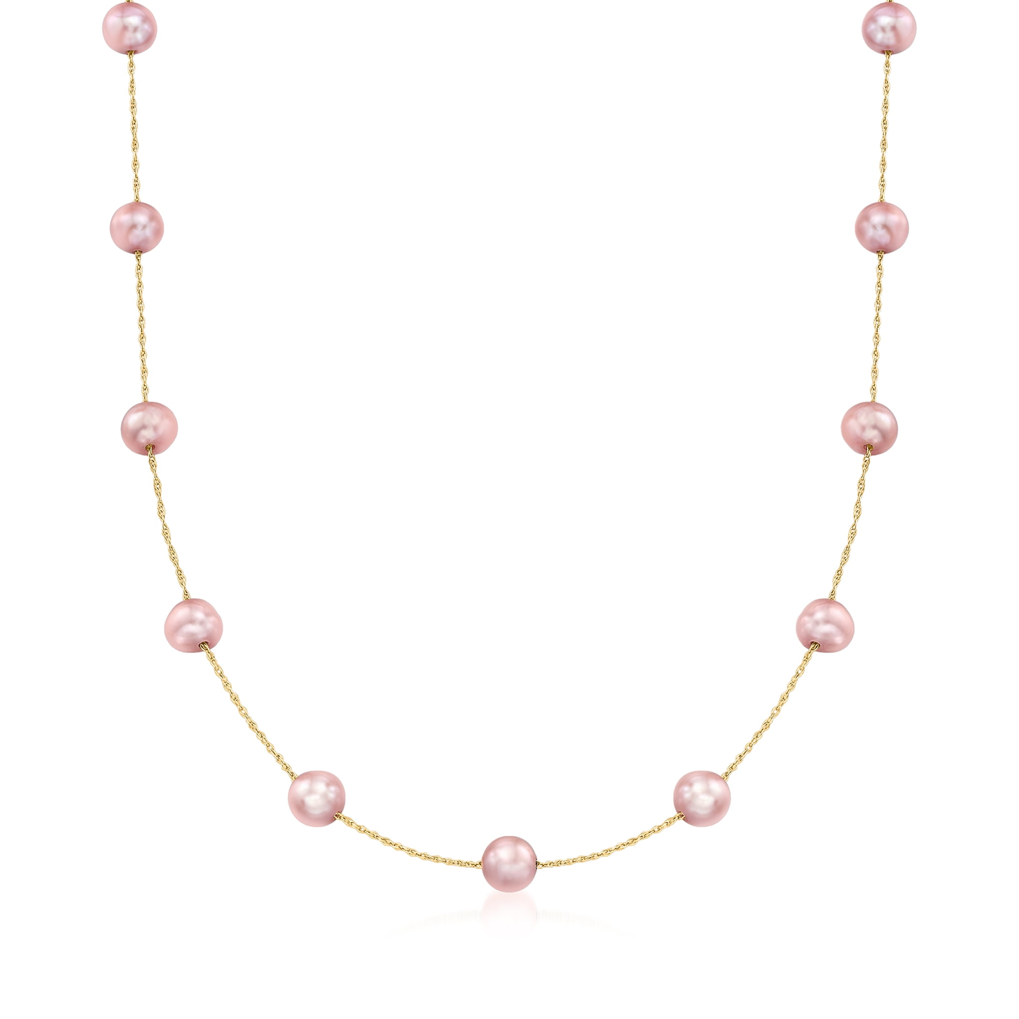Ross-Simons 6-6.5mm Pink Cultured Pearl Station Necklace in 14kt Yellow Gold, Women's, Adult ...