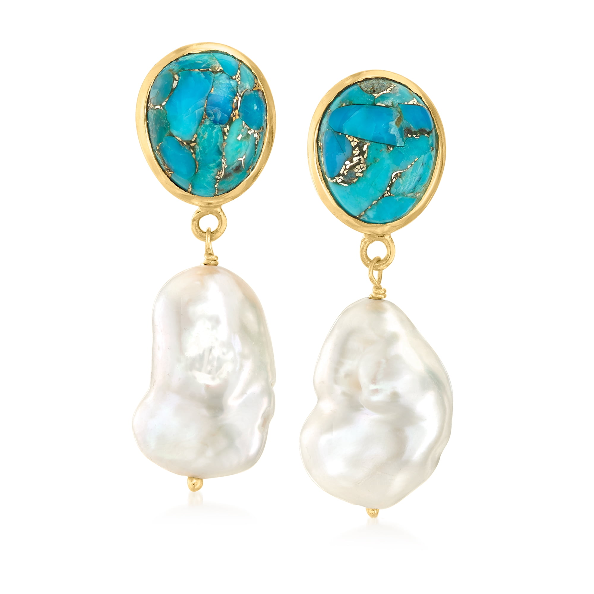 Ross-Simons 7-11mm Cultured Barque Pearl and Turquoise Drop Earrings in ...