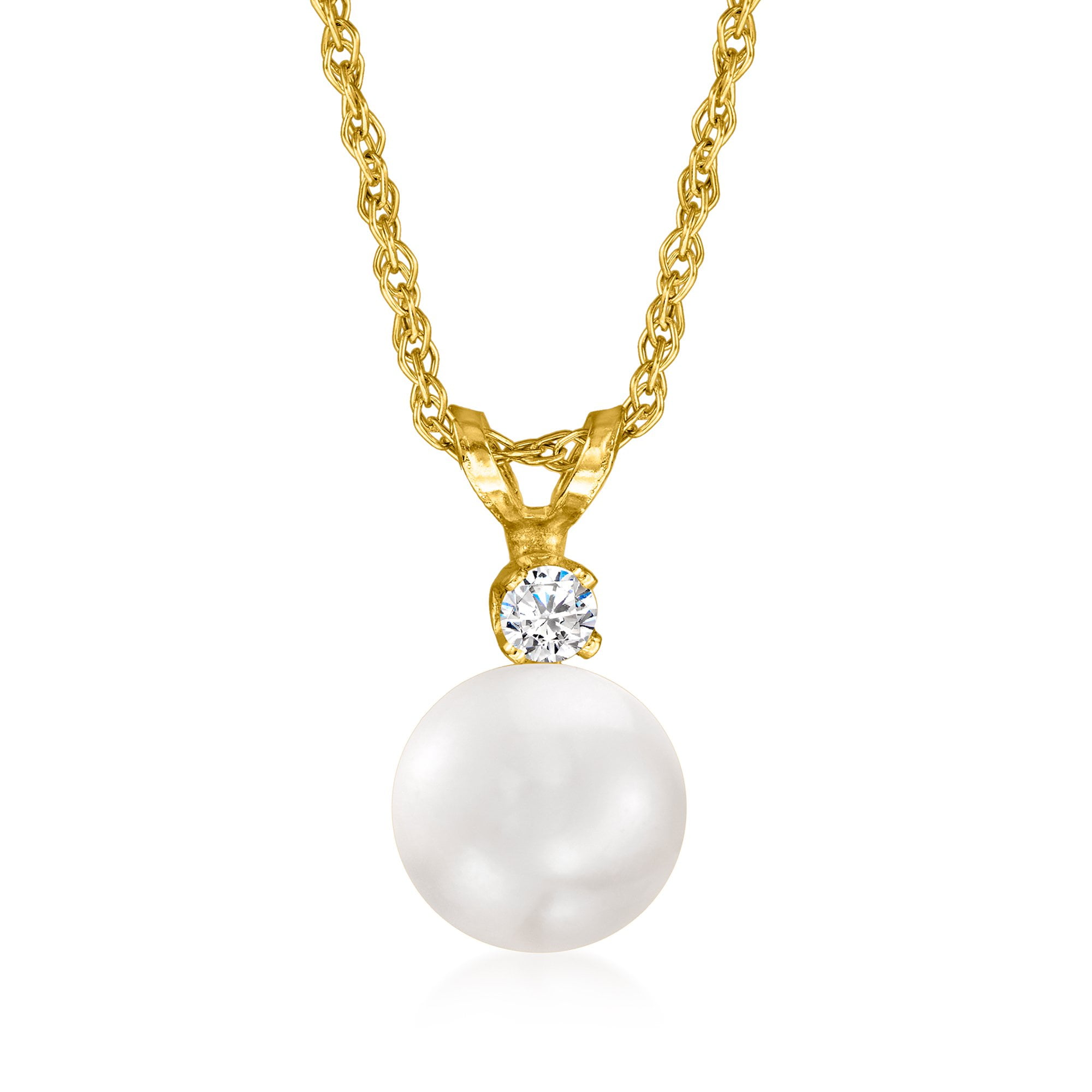 Ross-Simons 7-7.5mm Cultured Akoya Pearl and Diamond Accent Necklace in 14kt Yellow Gold, Women ...