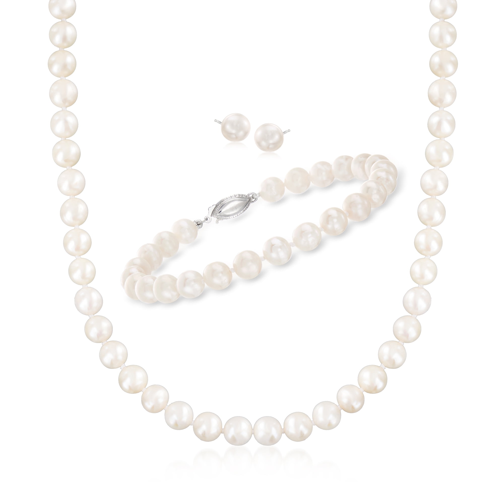 Ross-Simons 7-7.5mm Cultured Pearl Jewelry Set: Necklace, Bracelet and Stud Earrings in Sterling ...