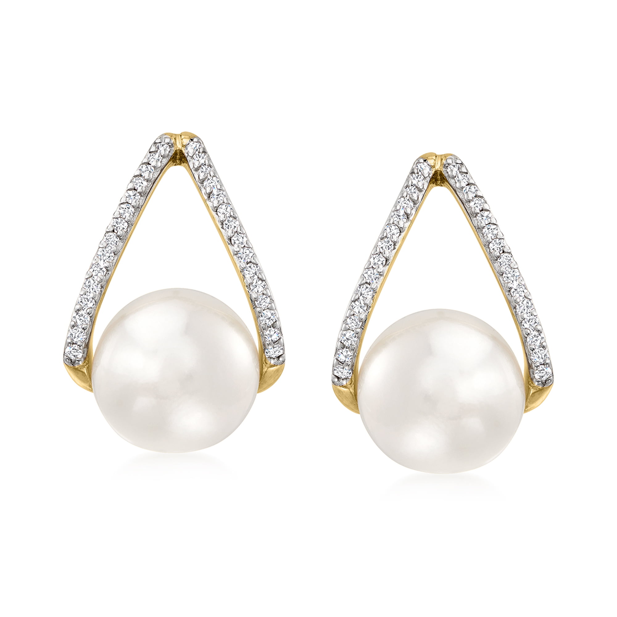 Ross-Simons 8-8.5mm Cultured Pearl and .12 ct. t.w. Diamond Drop Earrings in 14kt Yellow Gold ...