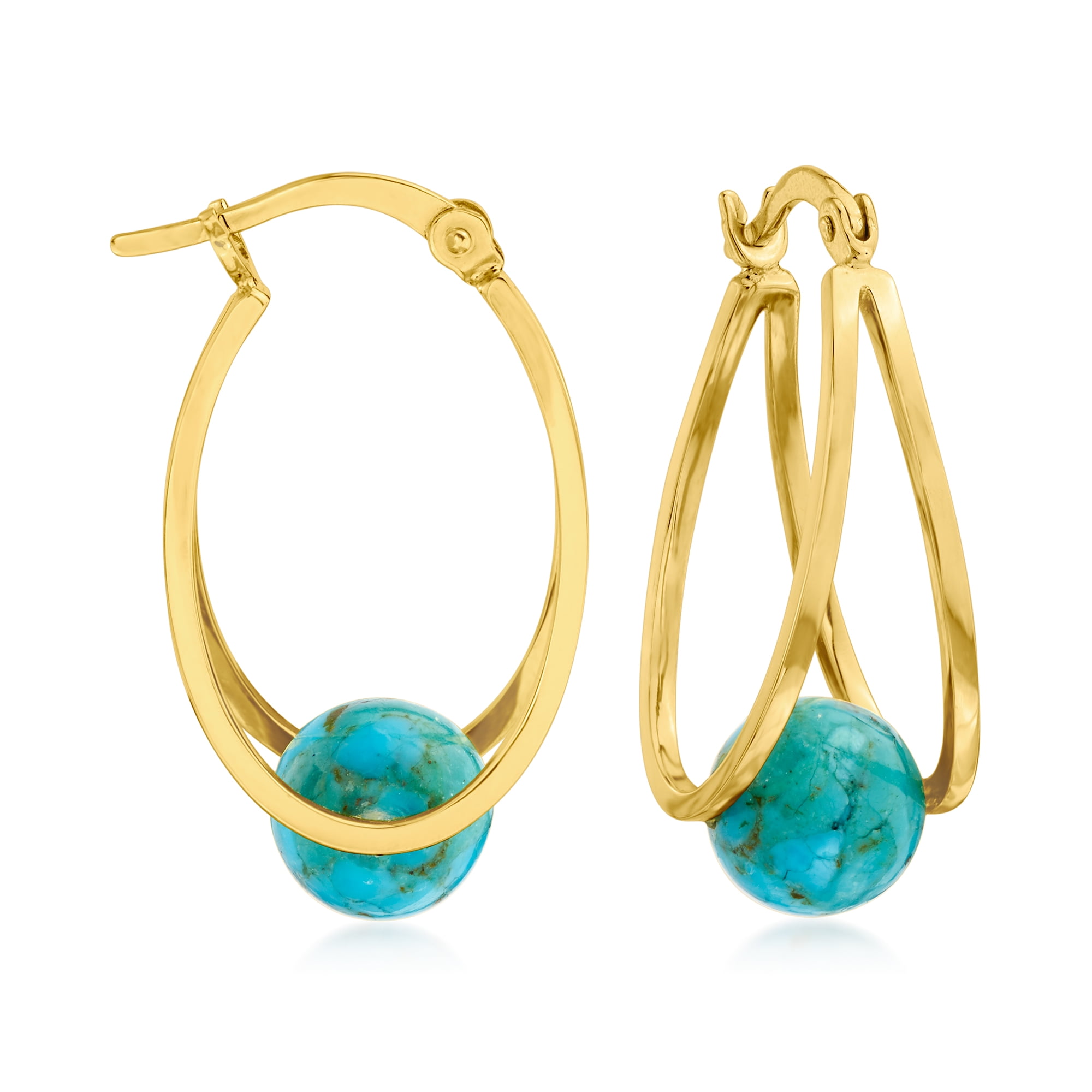 Ross-Simons 8-8.5mm Turquoise Bead Double-Hoop Earrings in 18kt Gold ...