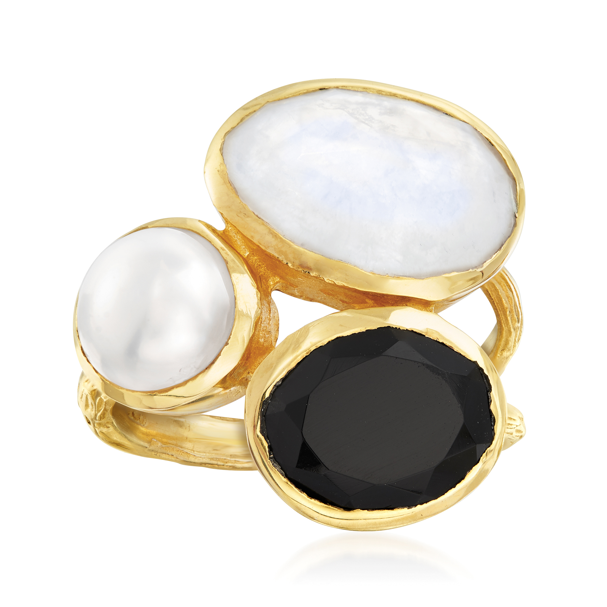 Ross-Simons 8mm Cultured Pearl, Black Onyx and Moonstone Ring in 18kt ...