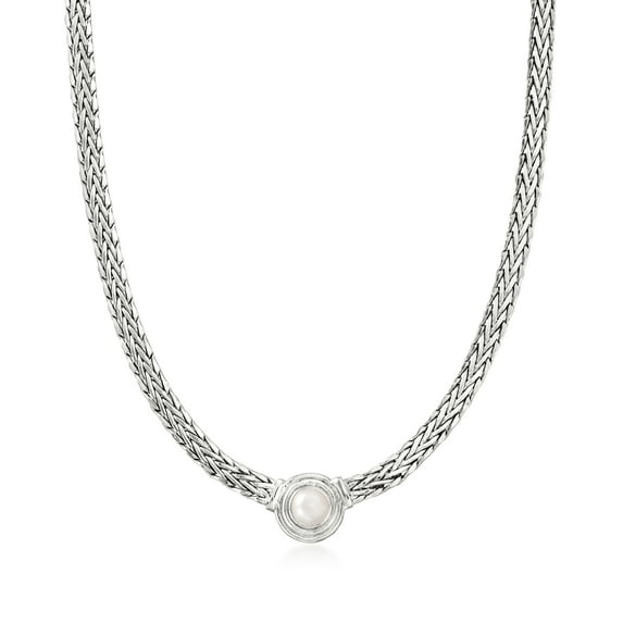 Ross-Simons 8mm Cultured Pearl Flat Wheat-Chain Necklace in Sterling ...
