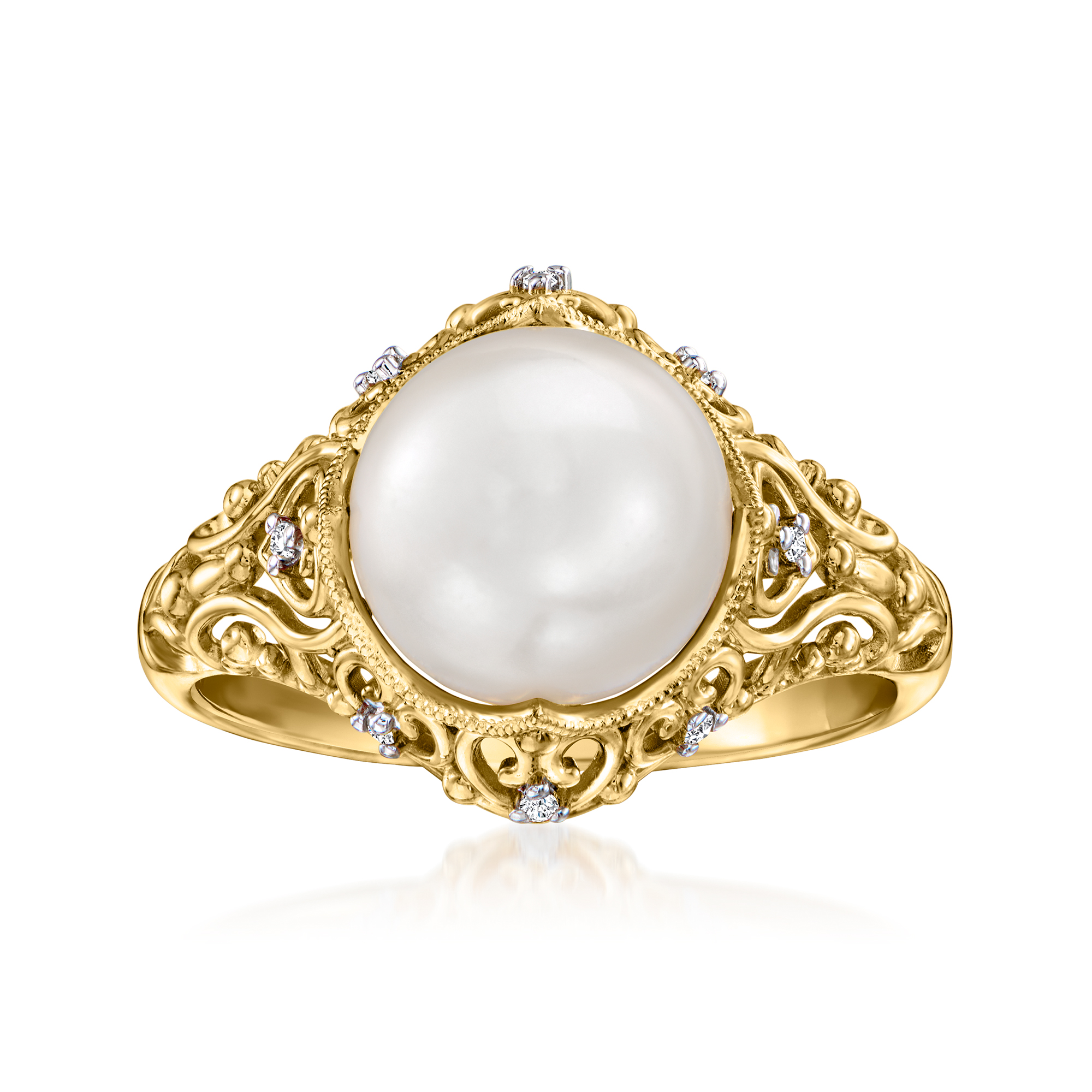 Ross-Simons 9-9.5mm Cultured Pearl Filigree Ring With Diamonds in 18kt ...