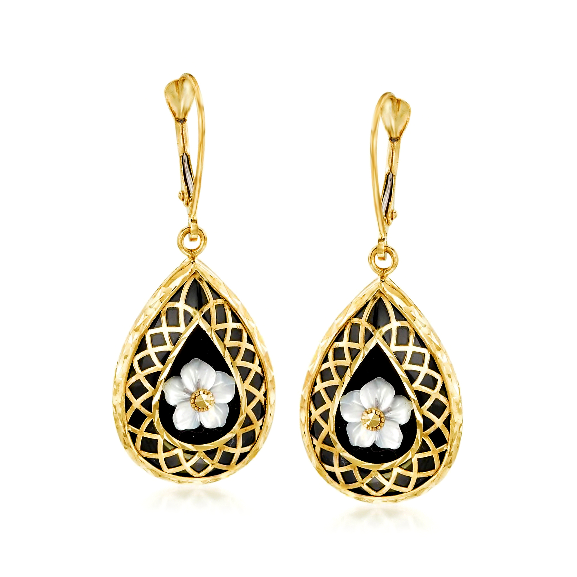 Ross-Simons Black Onyx and Mother-Of-Pearl Flower Overlay Drop Earrings ...
