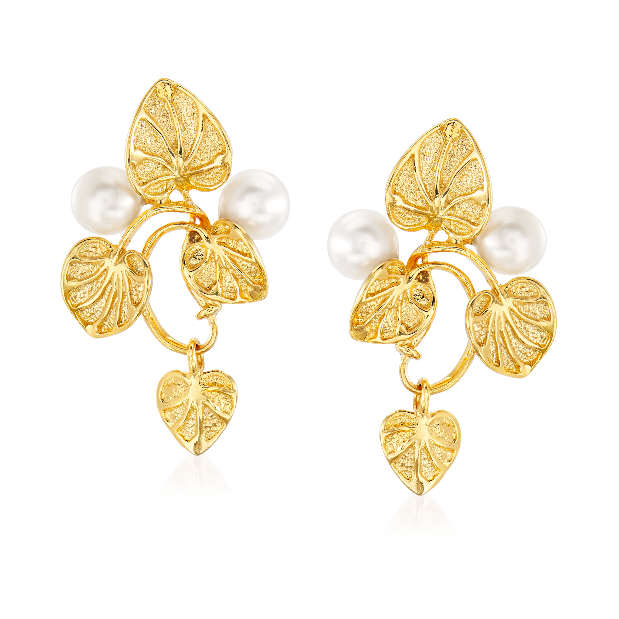 Ross-Simons Italian 6mm Cultured Pearl Vine Drop Earrings in 18kt Gold Over Sterling, Women's ...
