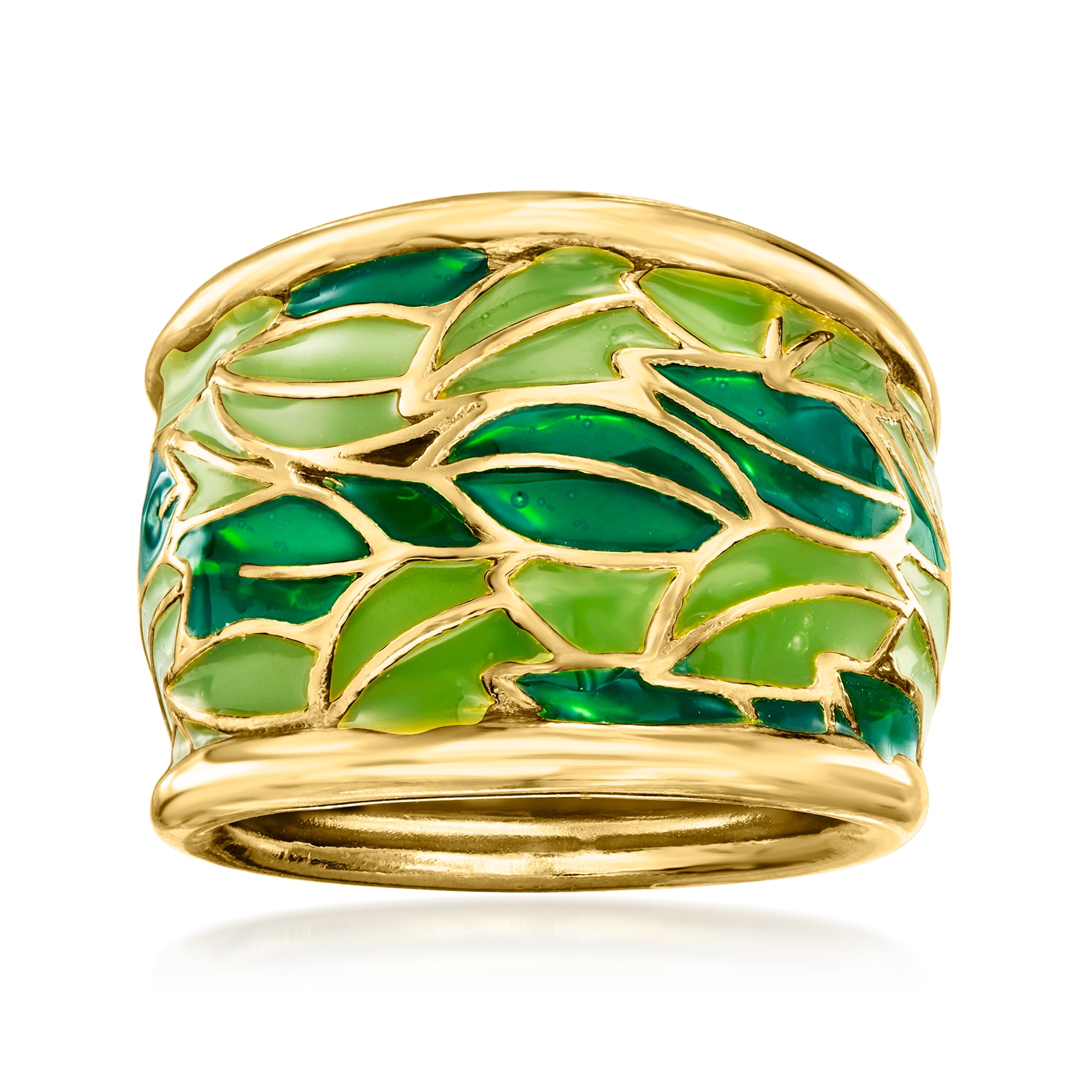 Ross-Simons Italian Green Enamel Leaf Dome Ring in 18kt Gold Over ...